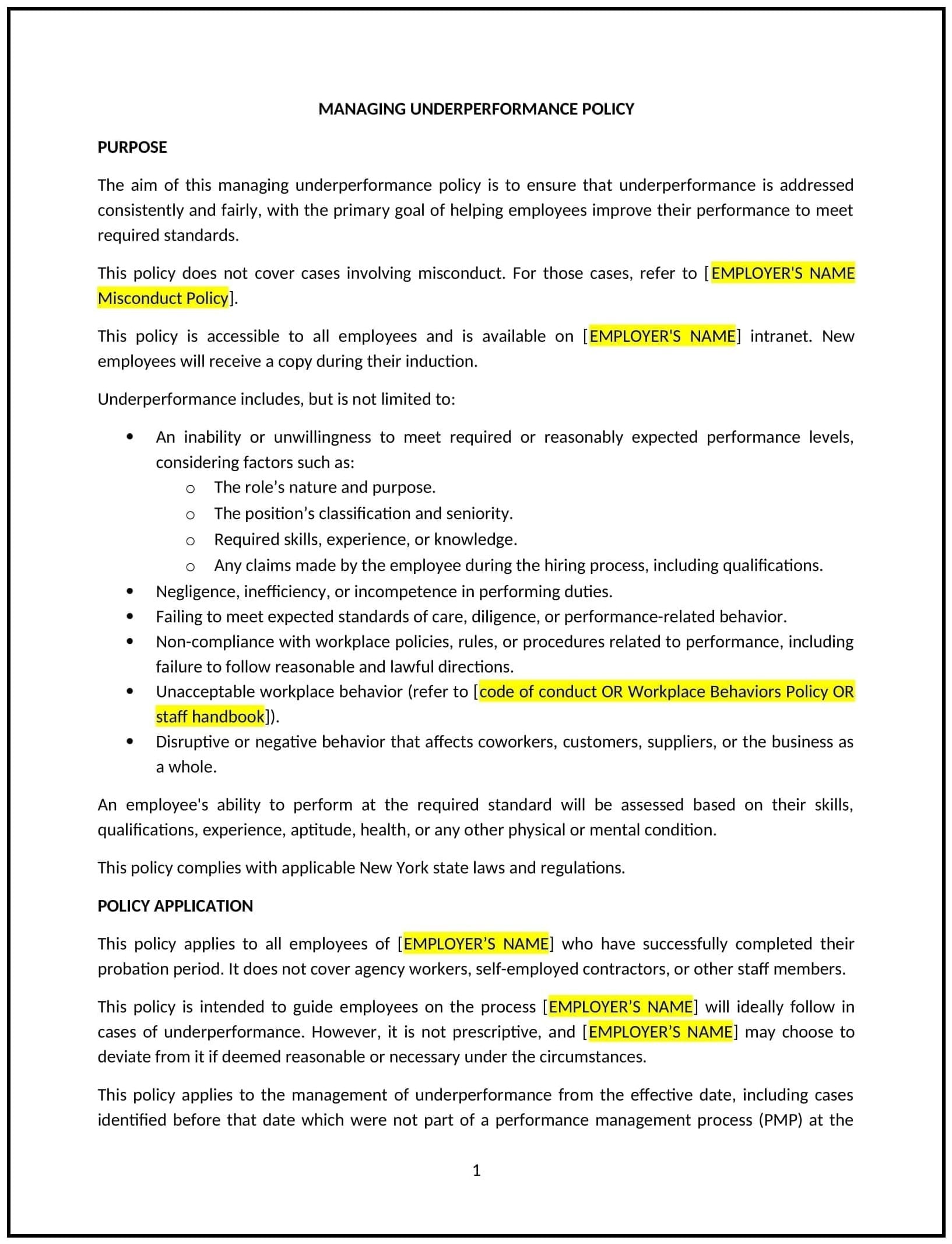 Managing underperformance policy (New York): Free template