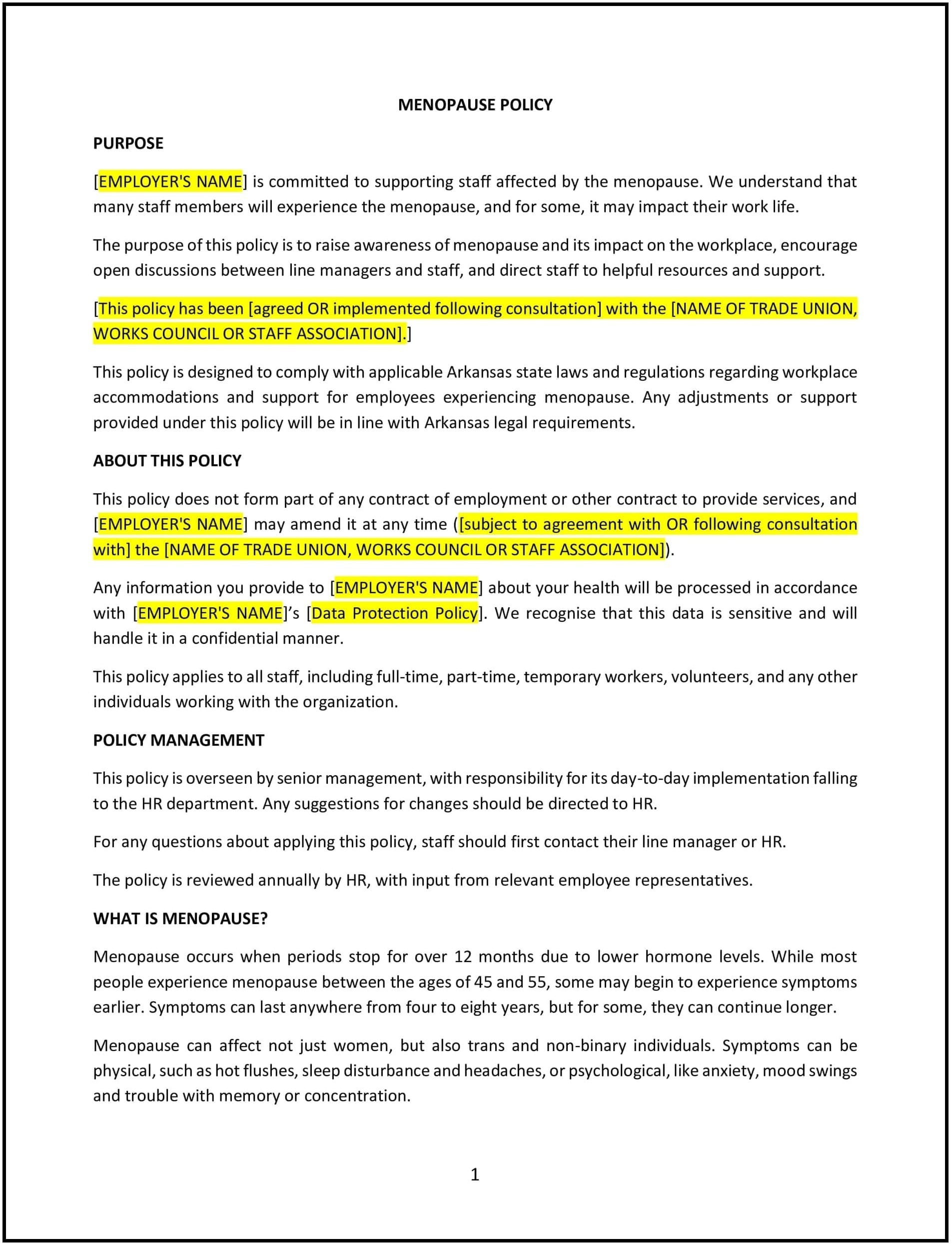 Menopause policy (Arkansas): Free template