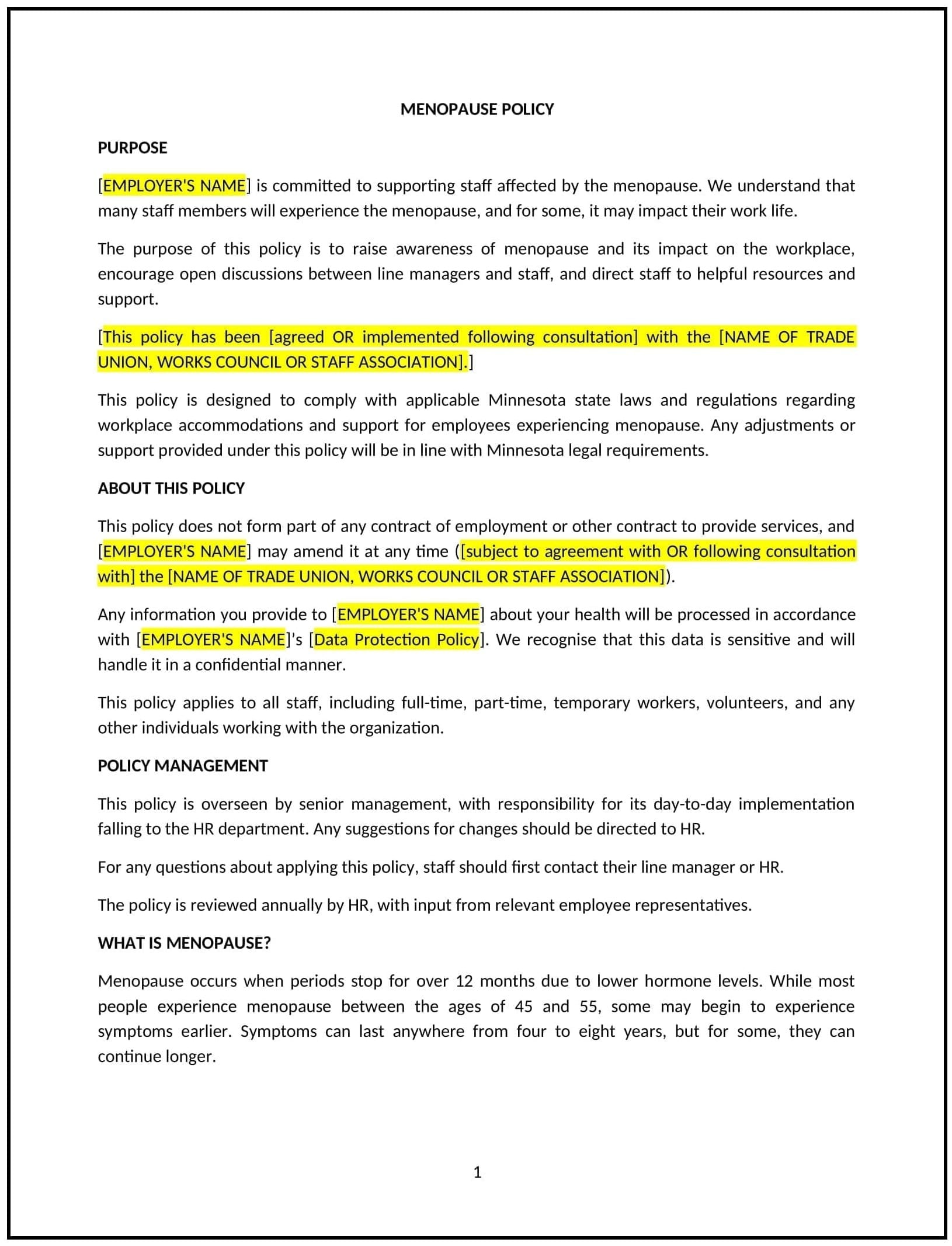 Menopause policy (Minnesota): Free template