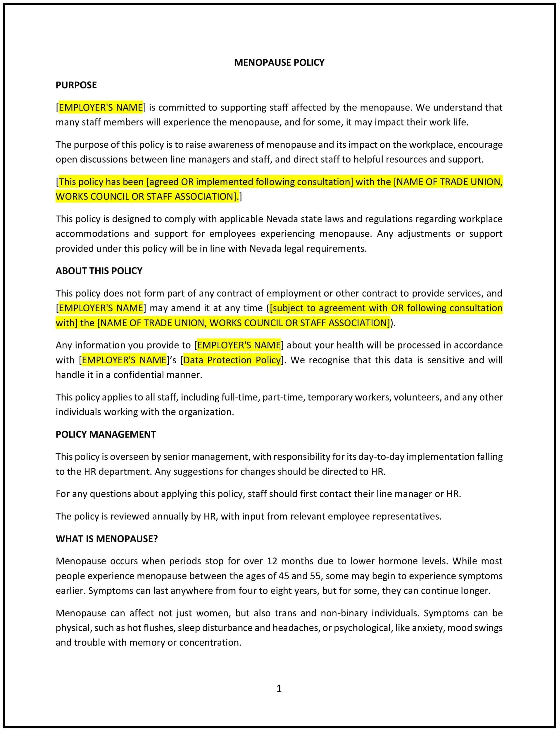 Menopause policy (Nevada): Free template