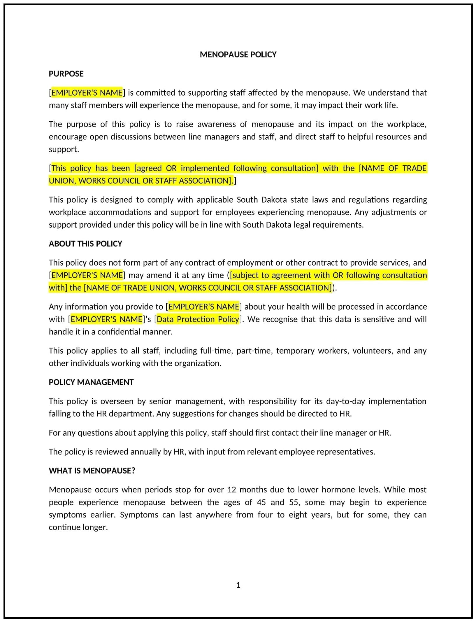 Menopause policy (South Dakota): Free template