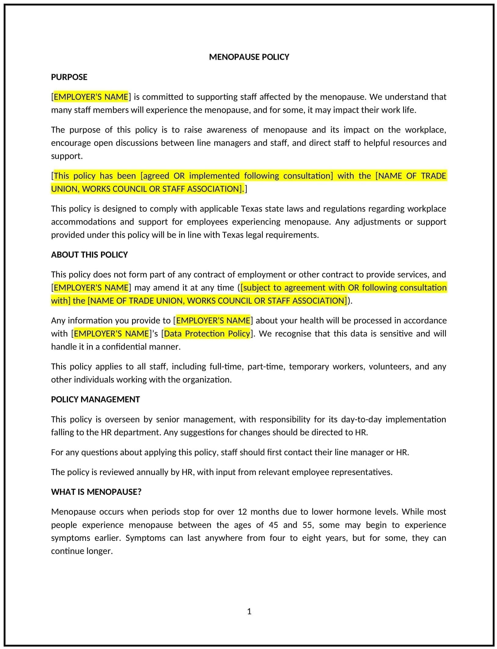 Menopause policy (Texas): Free template