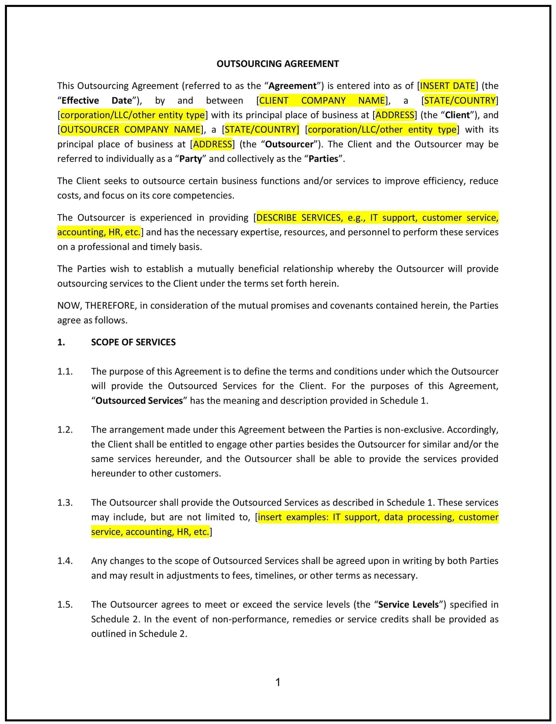 Outsourcing Agreement (California): Free template