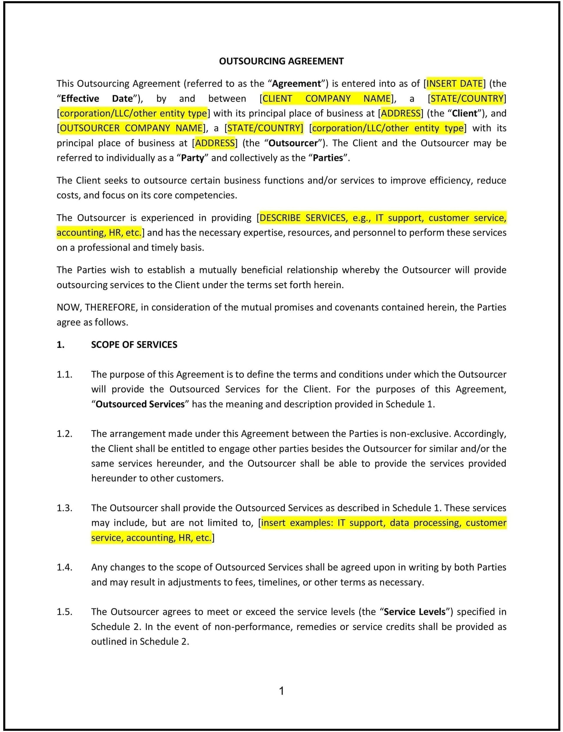 Outsourcing Agreement (Delaware): Free template