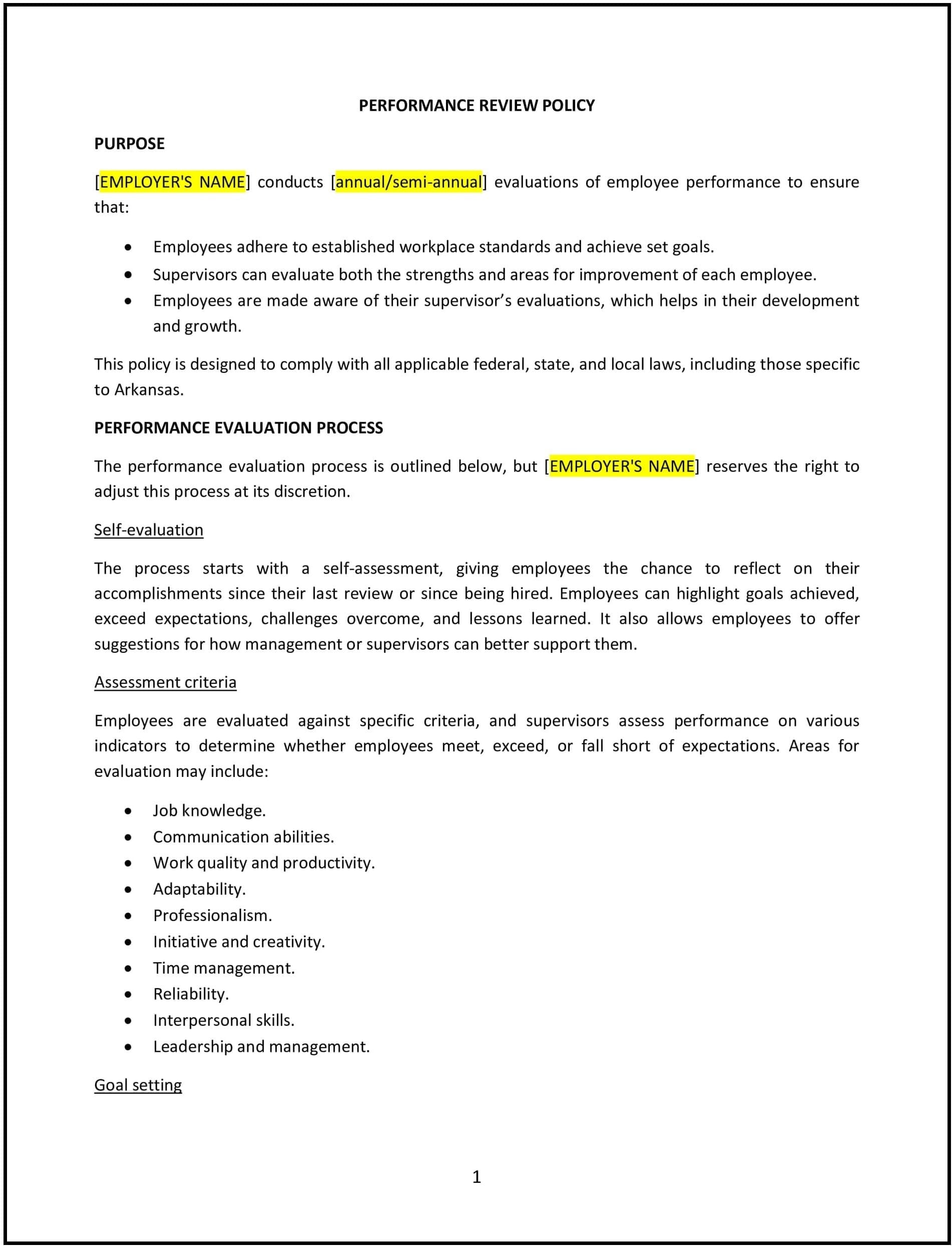 Performance review policy (Arkansas): Free template