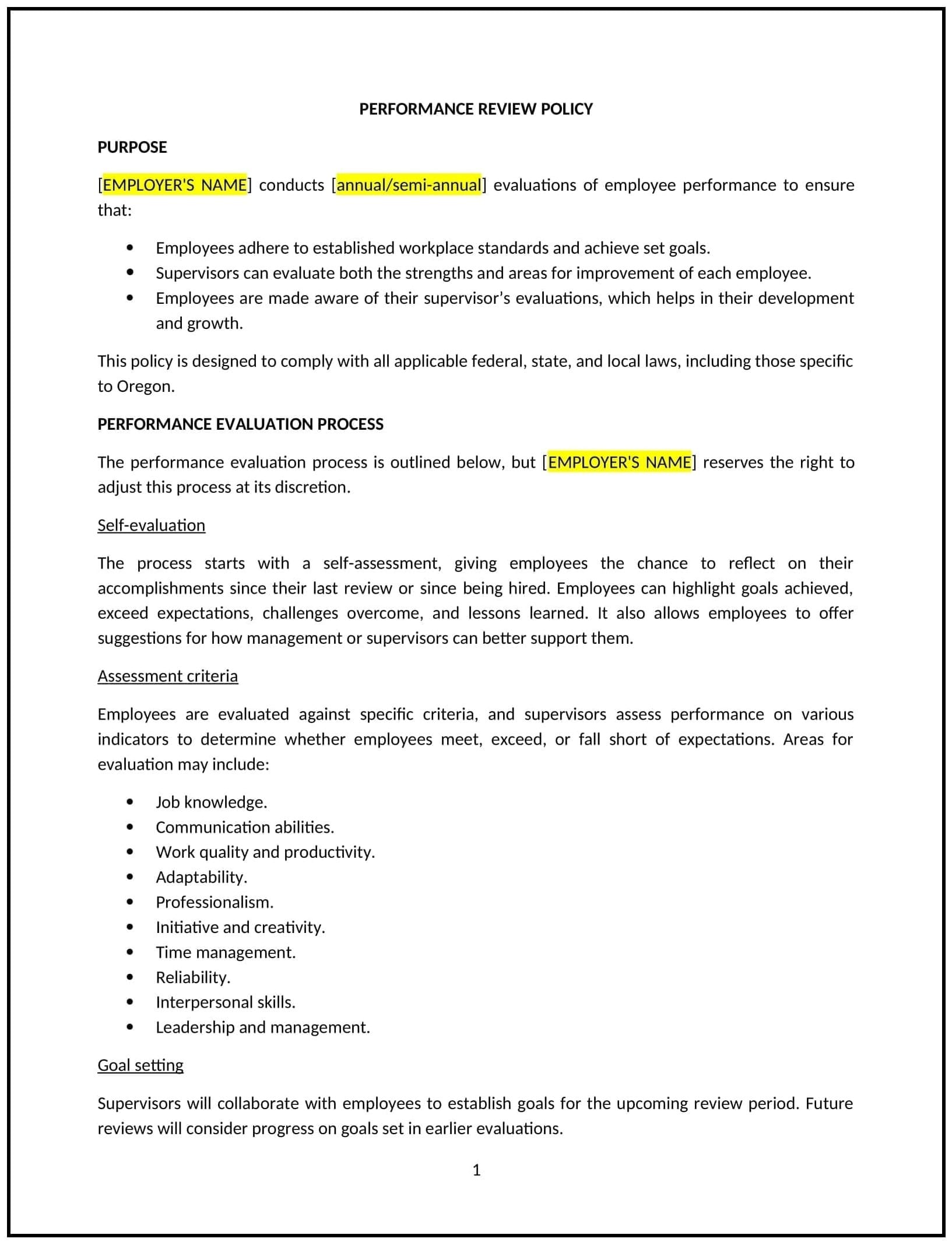 Performance review policy (Oregon): Free template