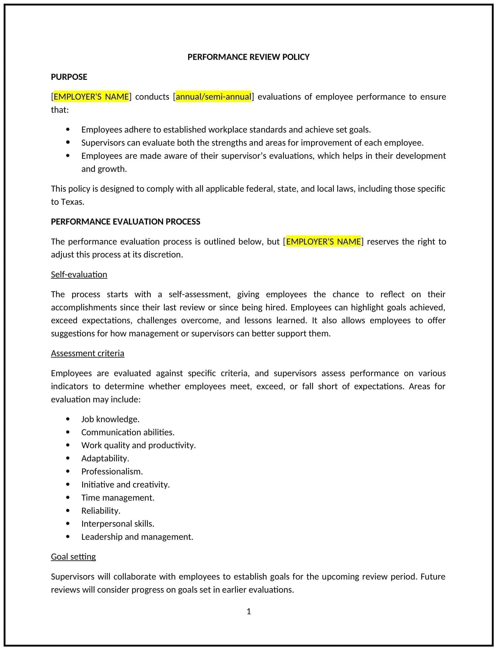 Performance review policy (Texas): Free template