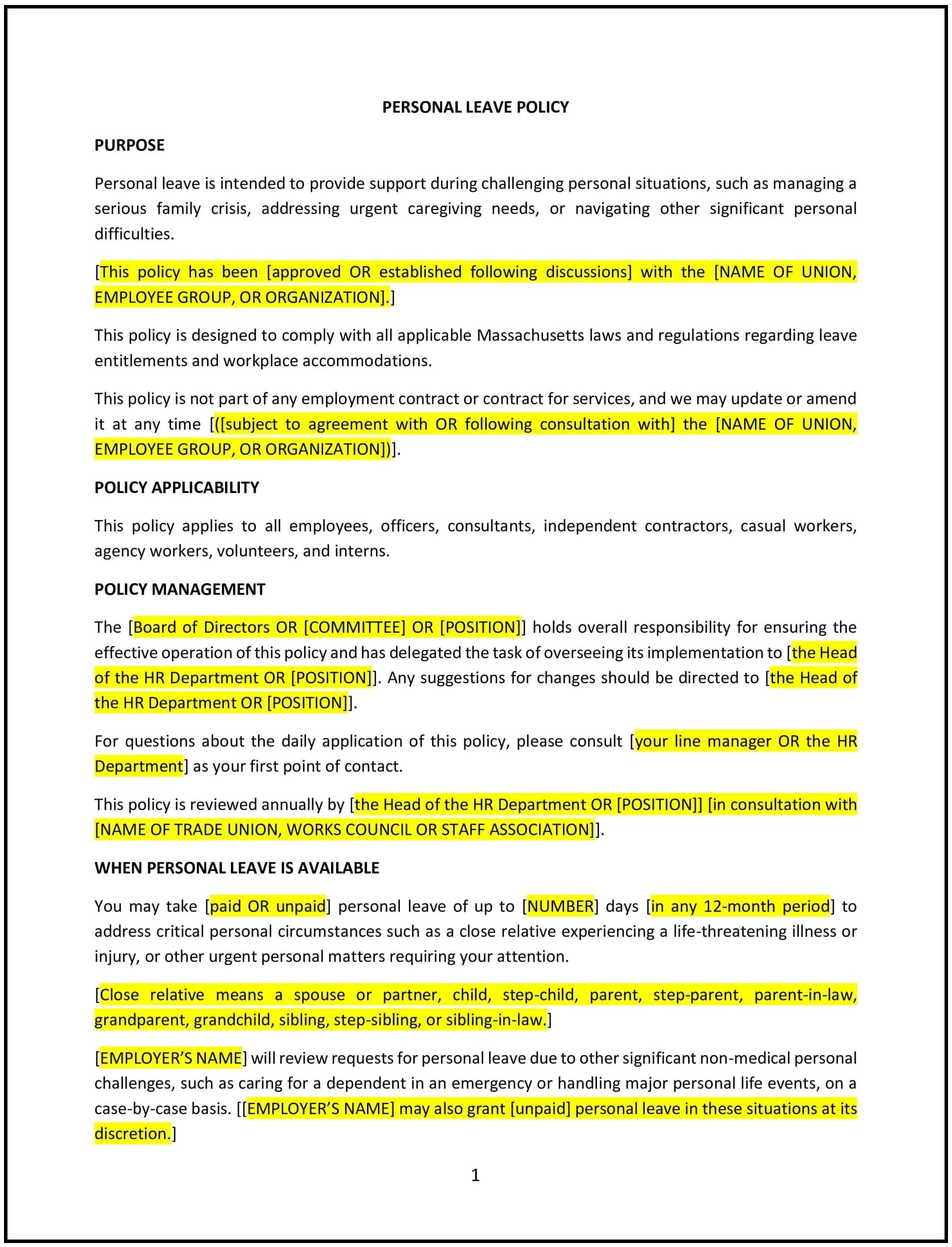 Personal leave policy (Massachusetts): Free template