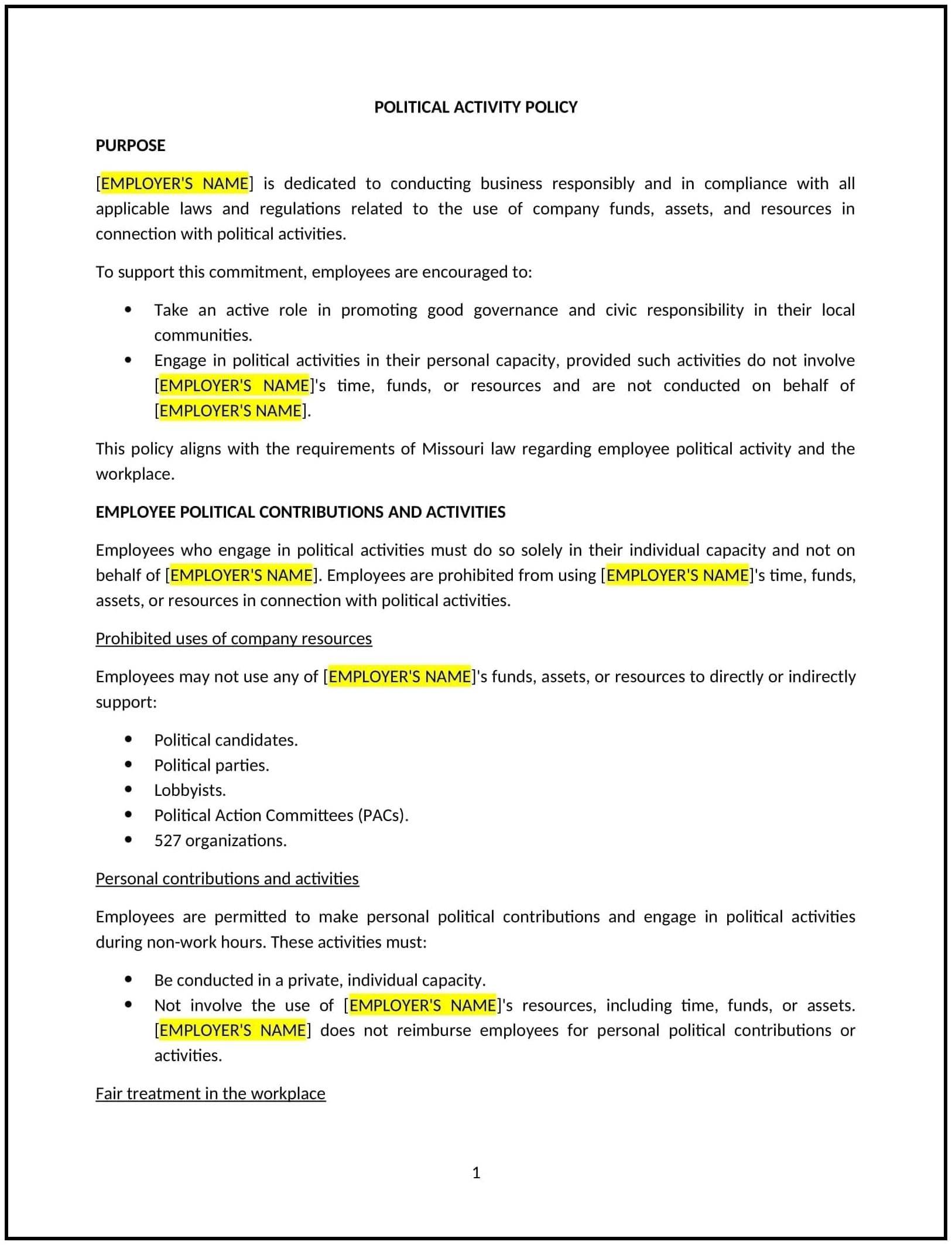 Political activity policy (Missouri): Free template