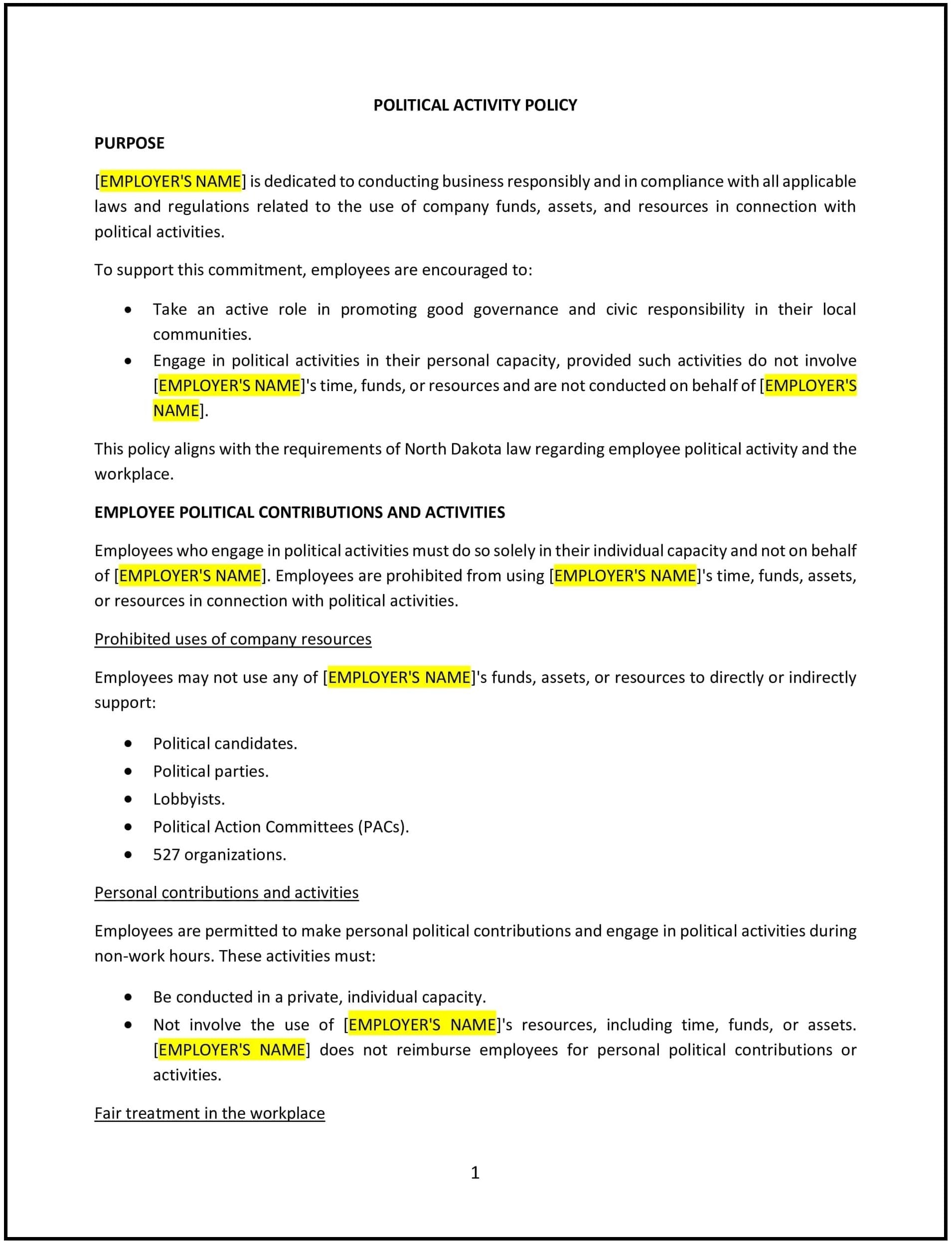 Political activity policy (North Dakota): Free template