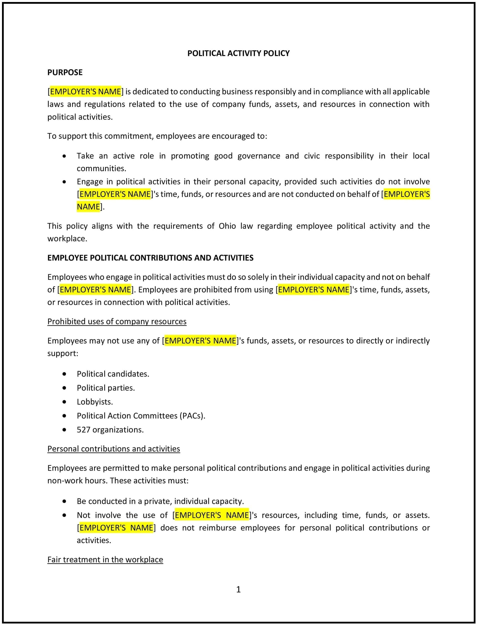 Political activity policy (Ohio): Free template