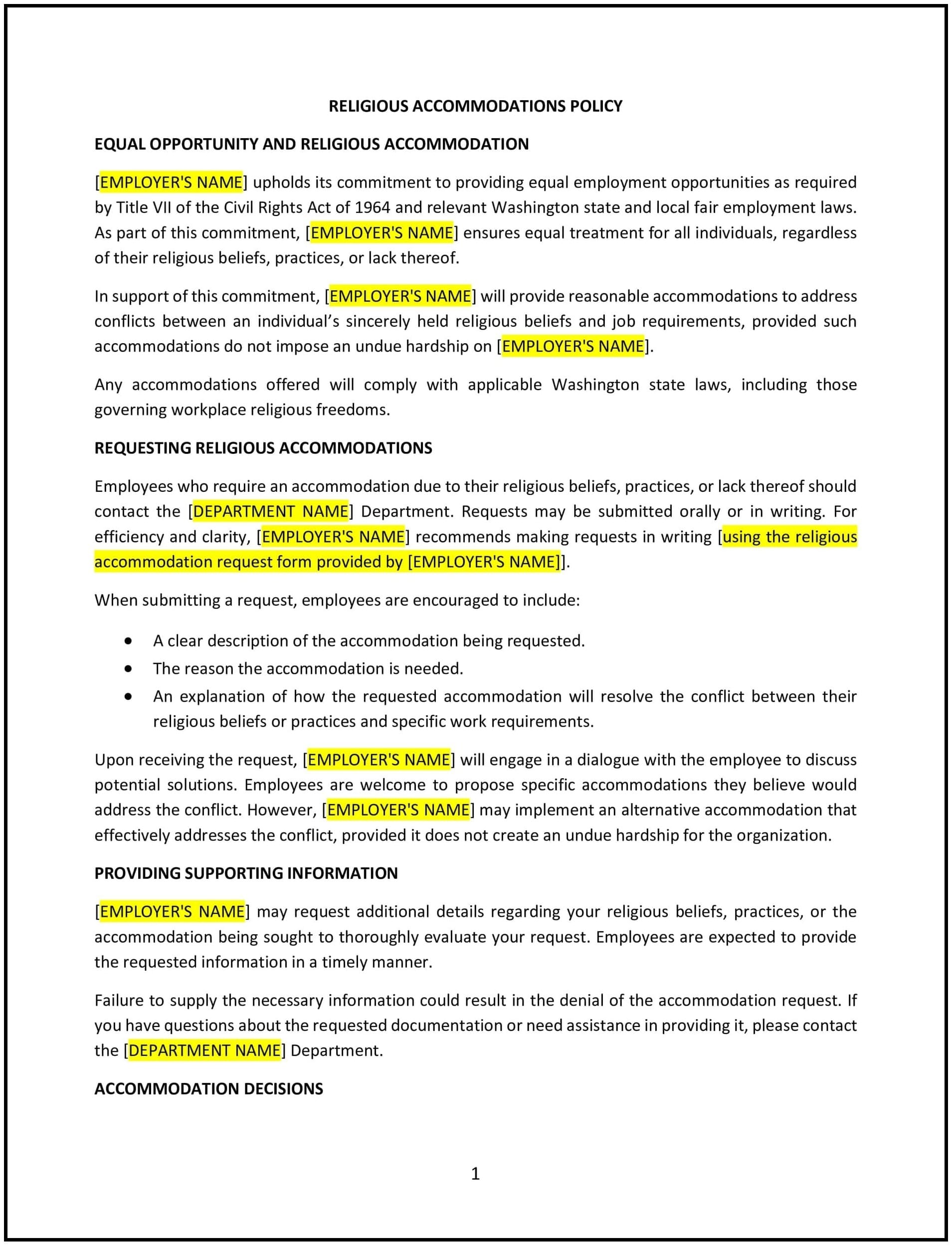 Religious accommodations policy (Washington): Free template