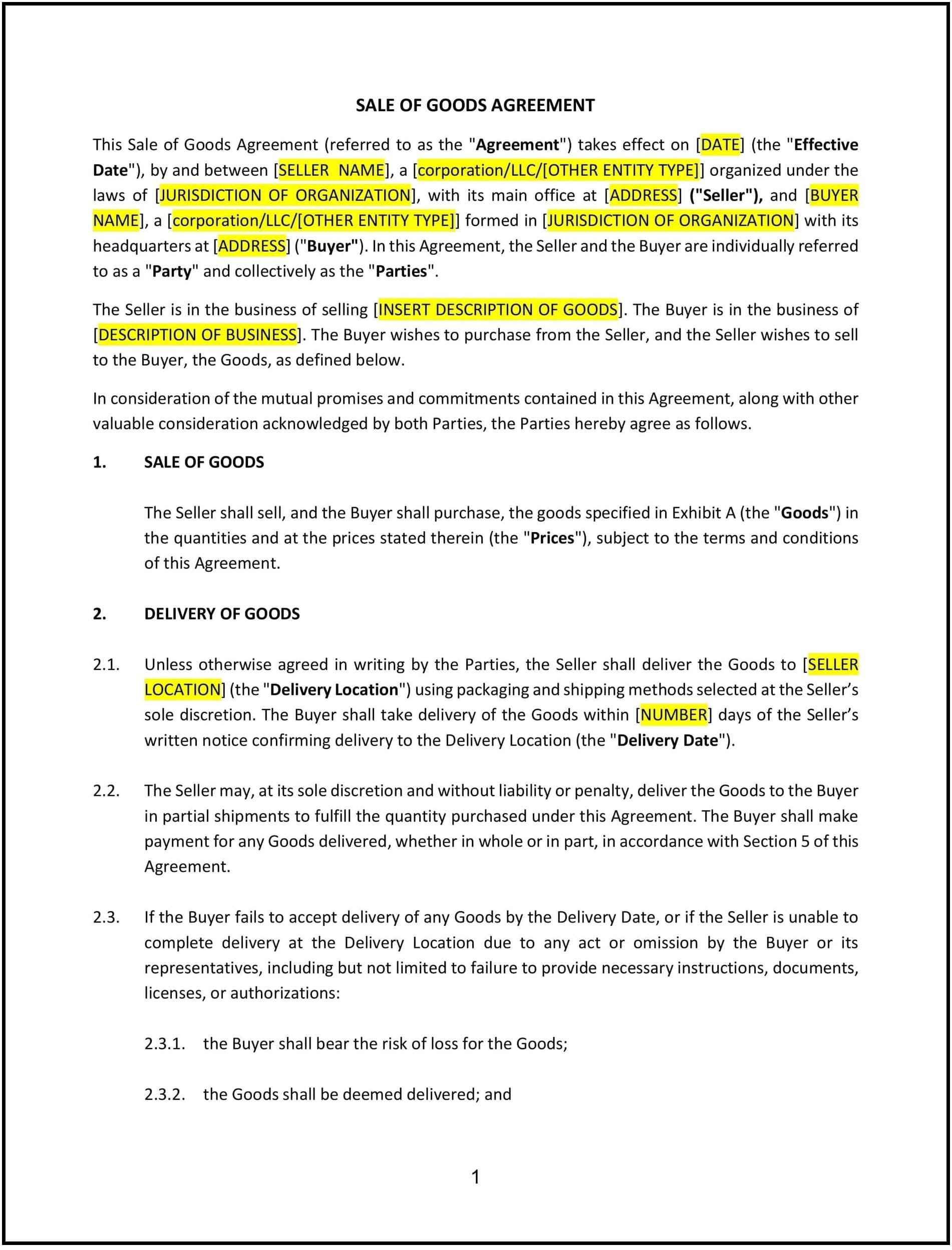 Sale of Goods Agreement (Pro-Seller) (Kentucky): Free template