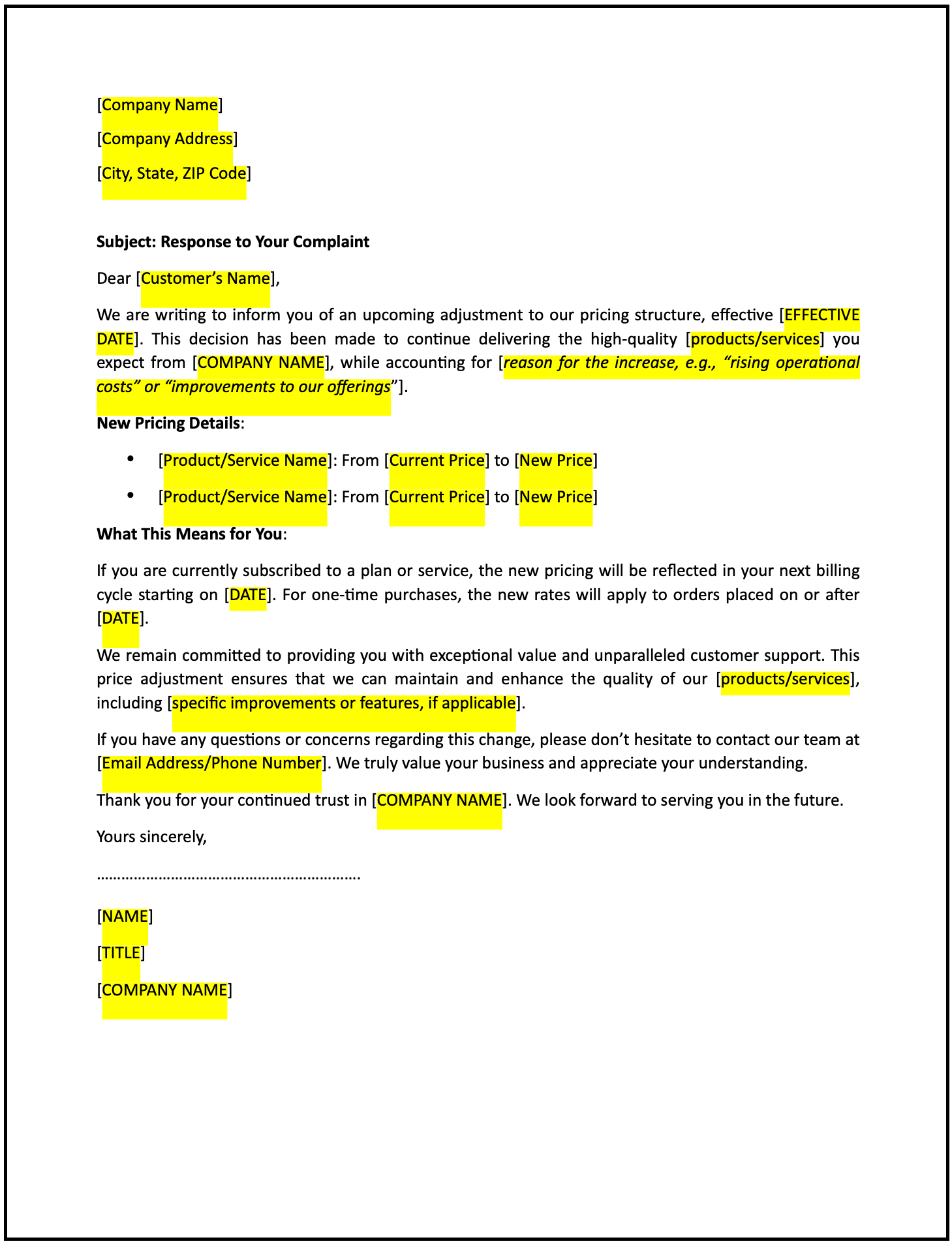 Notification letter of price increase: Free template