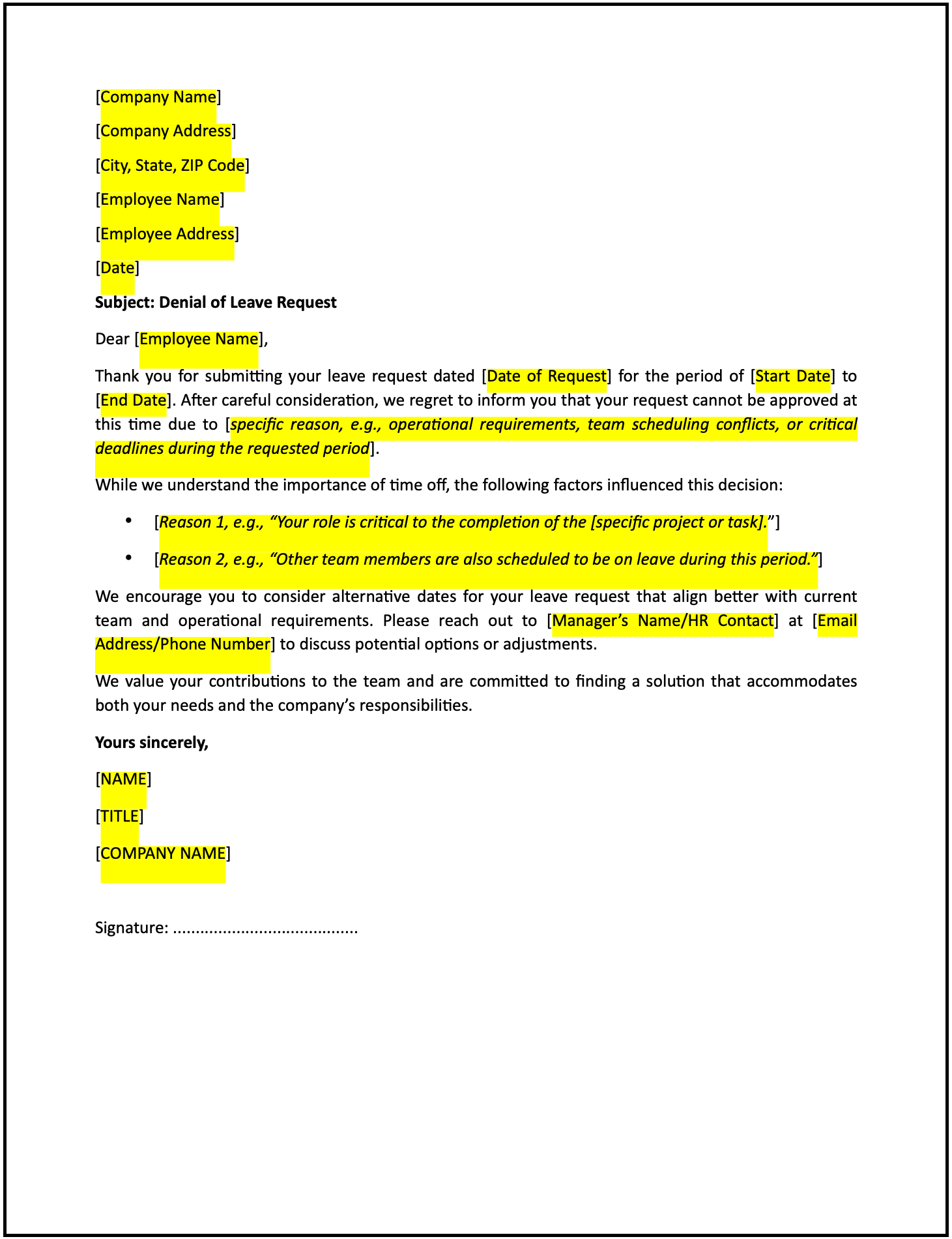 Denial of leave request with explanation letter: Free template