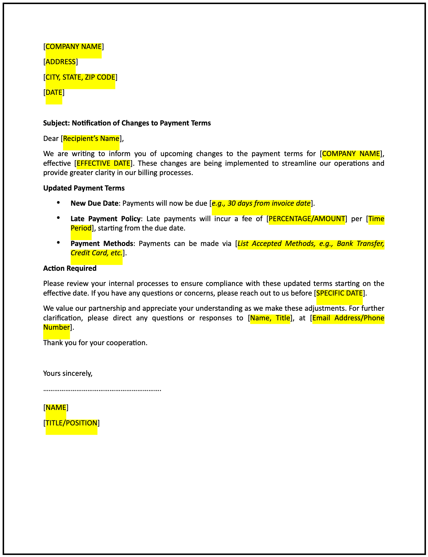 Letter of payment terms changes: Free template