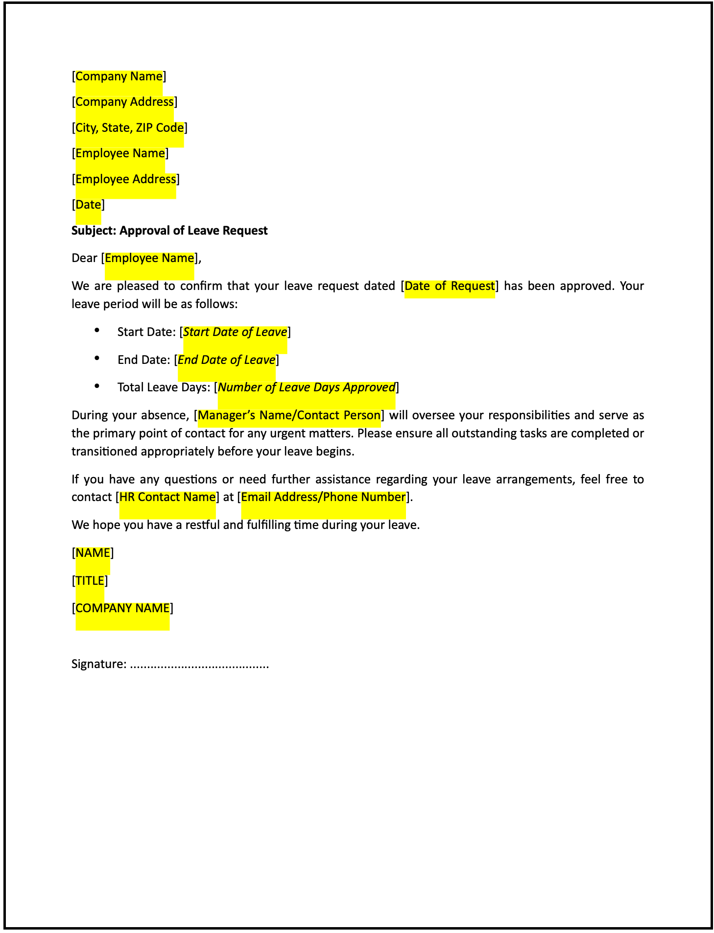 Letter of approved leave request: Free template