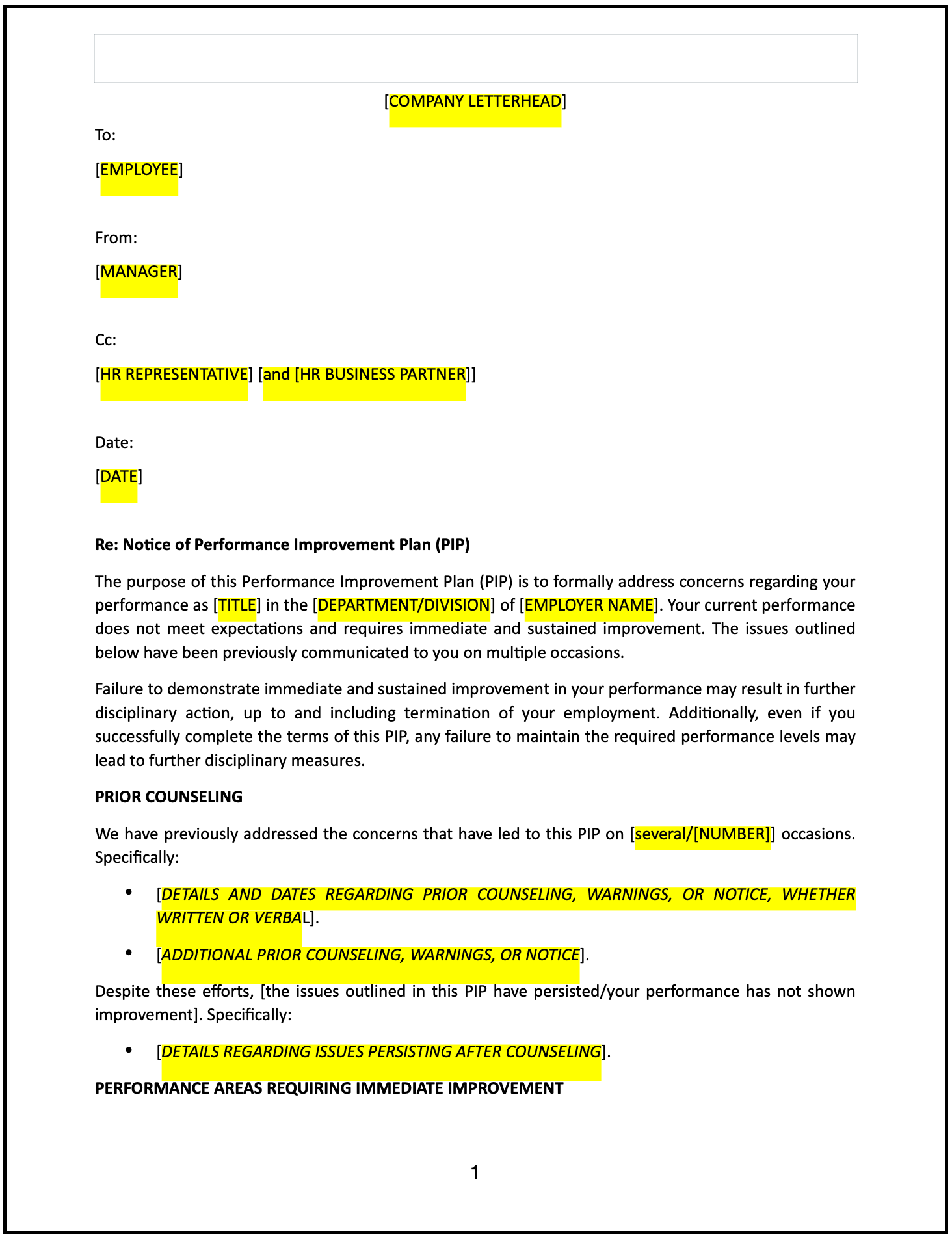 Performance improvement plan (PIP): Free template