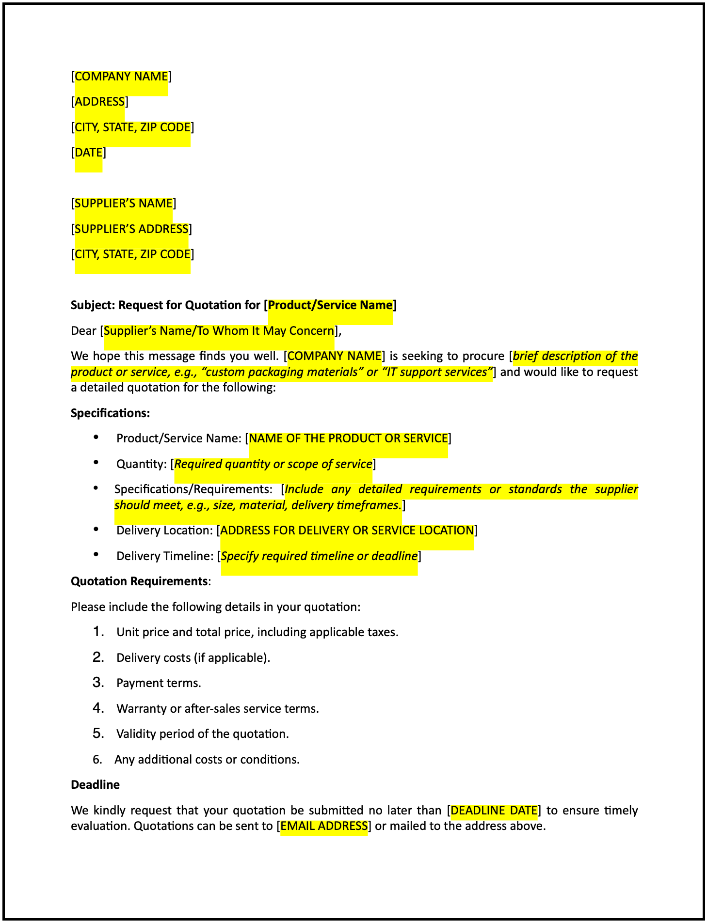 Letter of request for quotation (RFQ) from a supplier: Free template