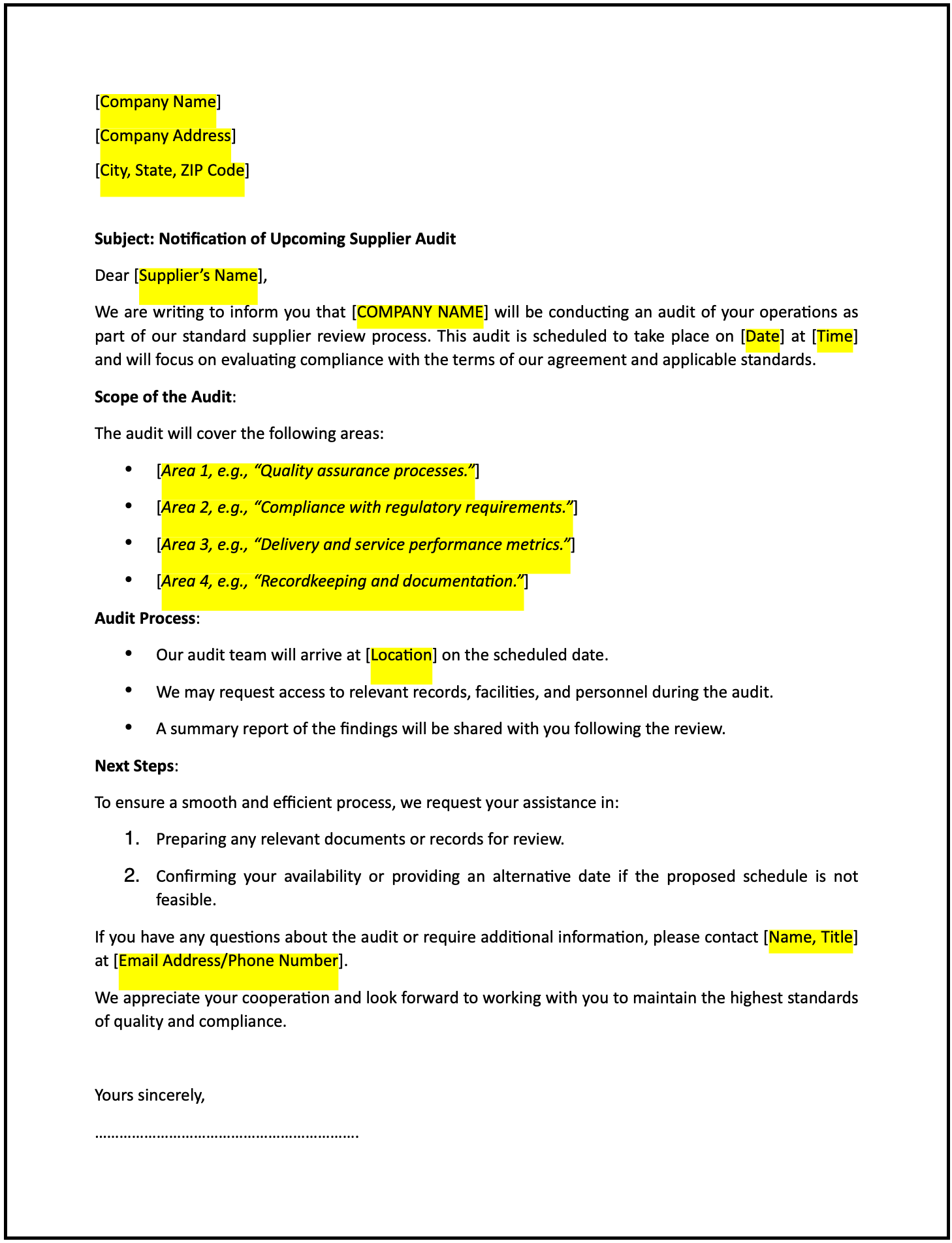 Notification letter of upcoming supplier audit: Free template