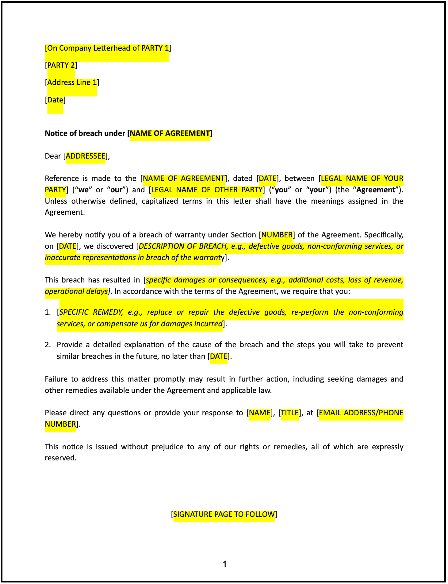 Letter of notice for breach of warranty claim: Free template