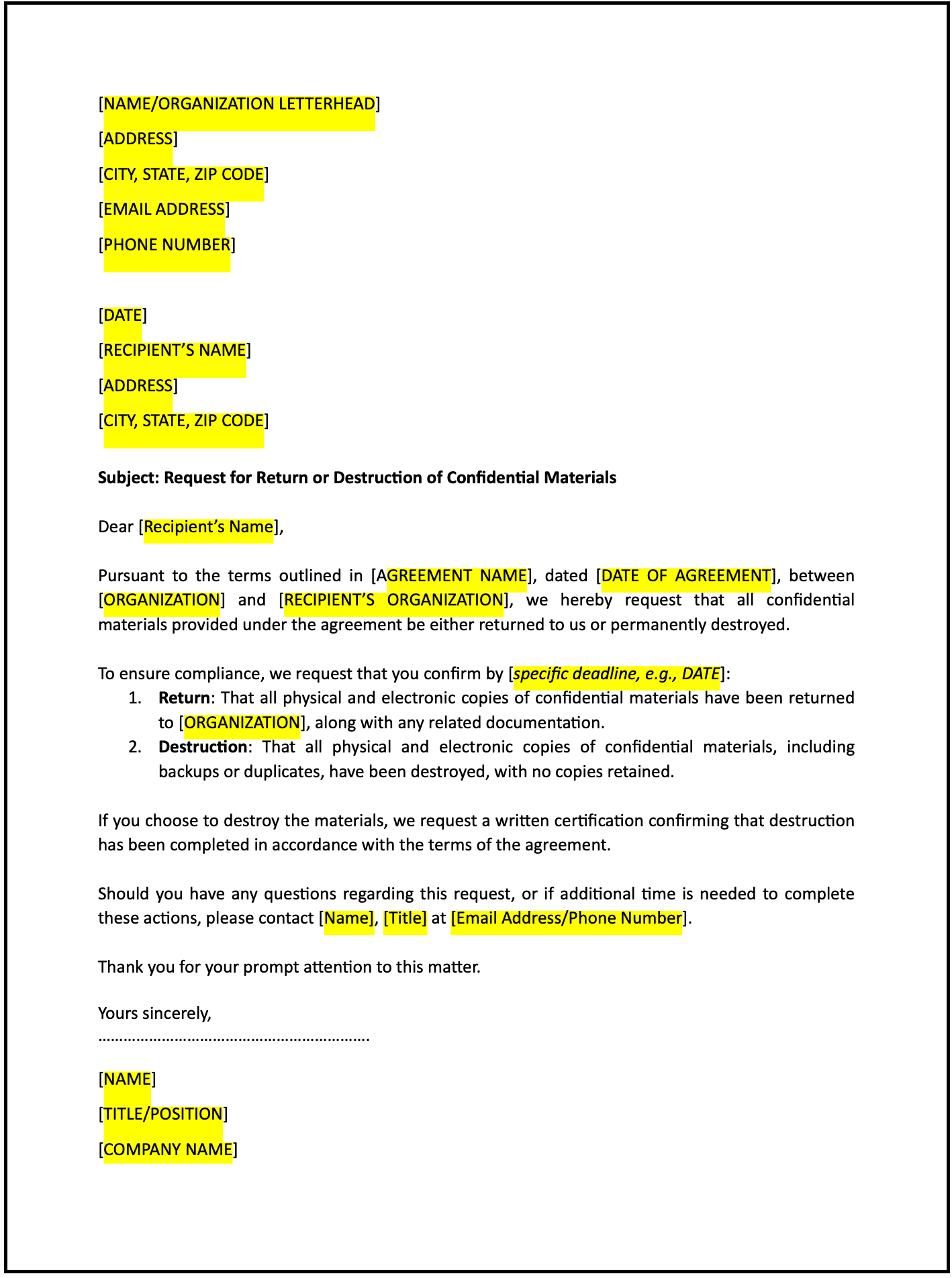 Request for return or destruction of confidential information letter ...
