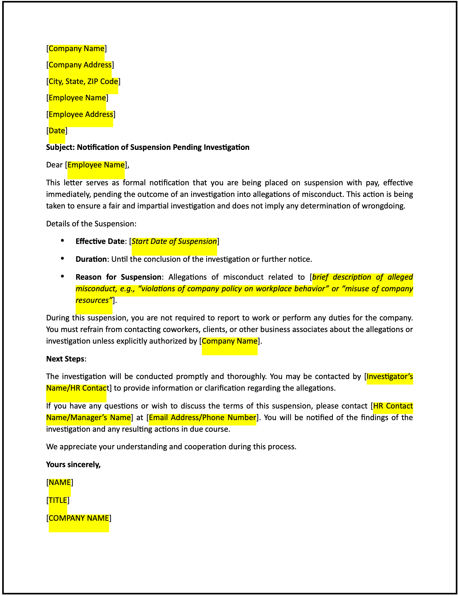 Letter of suspension pending investigation of misconduct: Free template