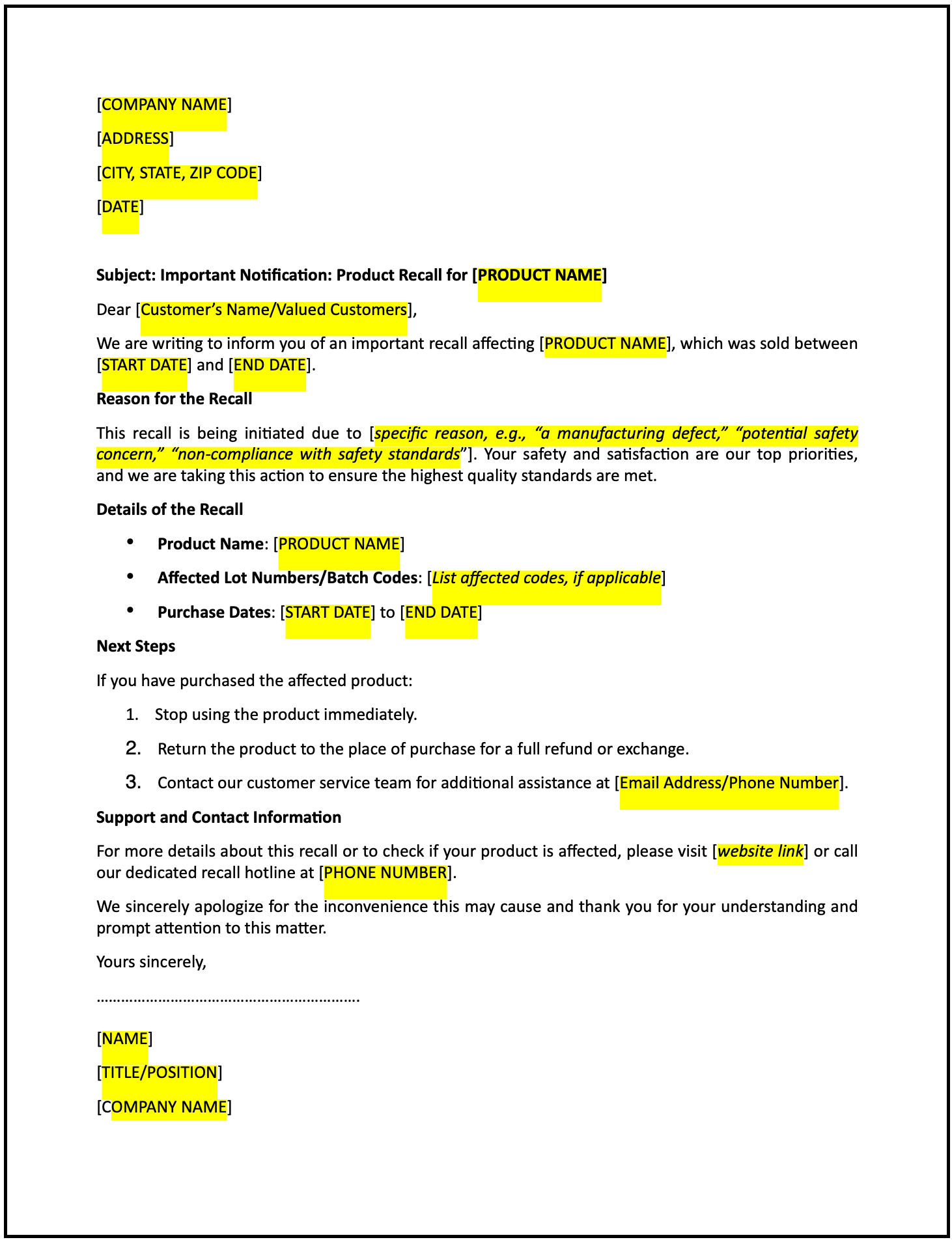 Notification letter of product recall: Free template