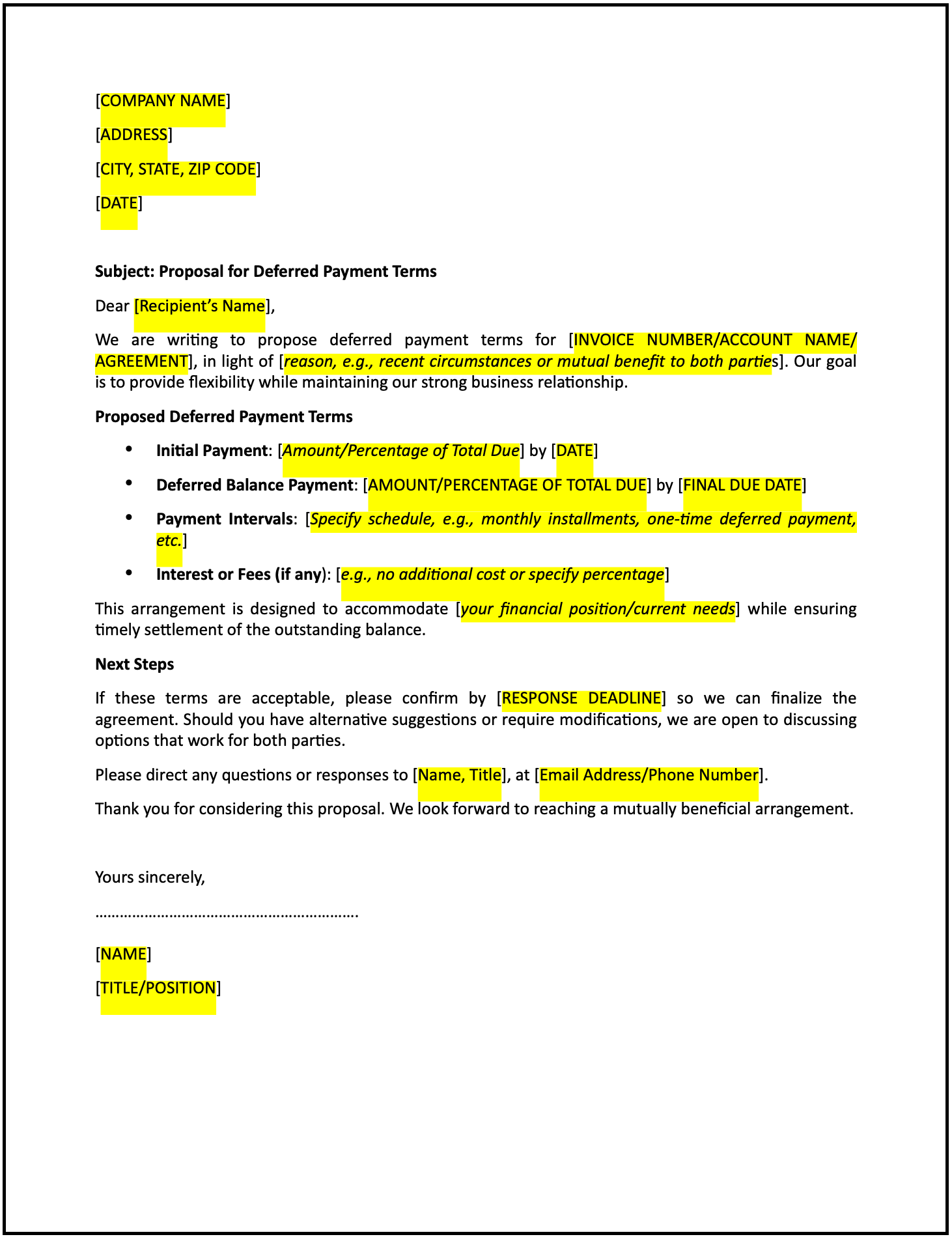 Proposal letter for deferred payment terms: Free template