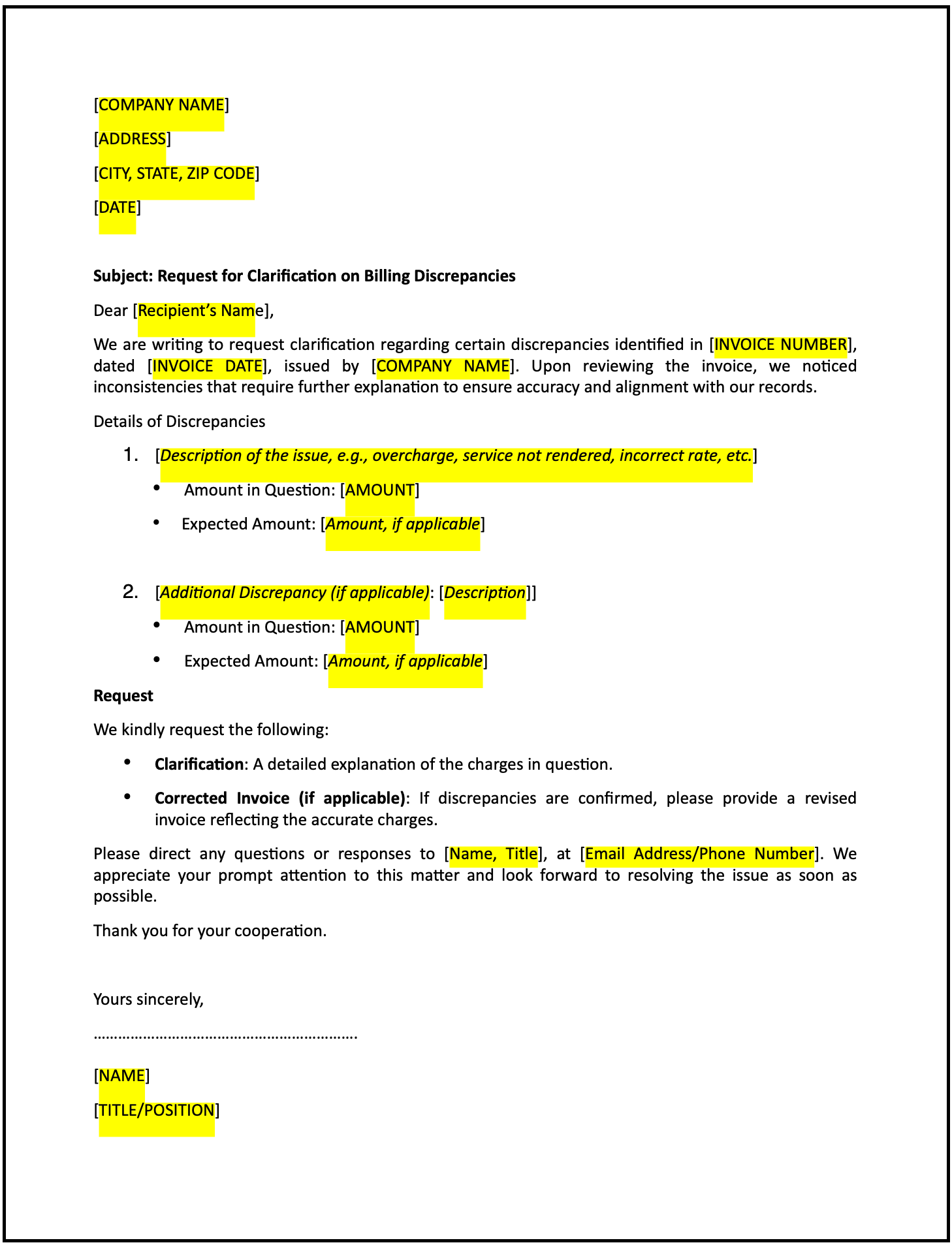 Letter of request for clarification on billing discrepancies: Free template
