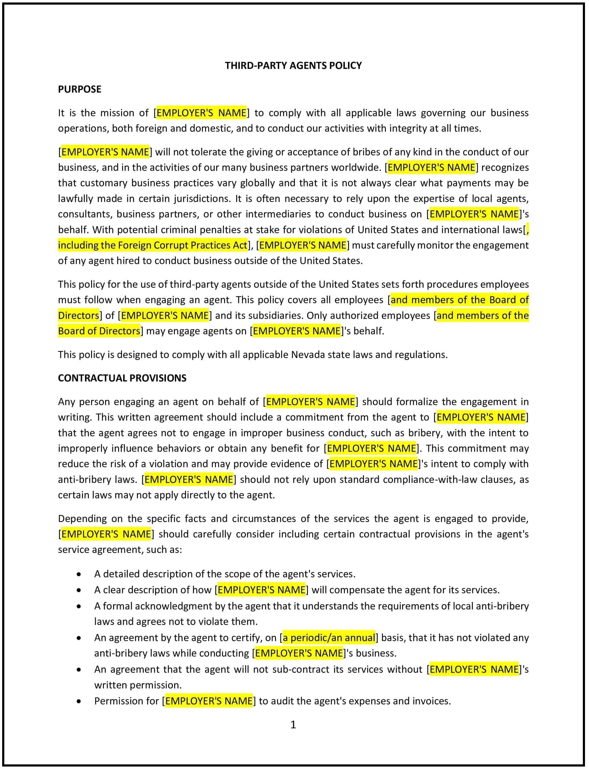 Third-party agents policy (Nevada): Free template