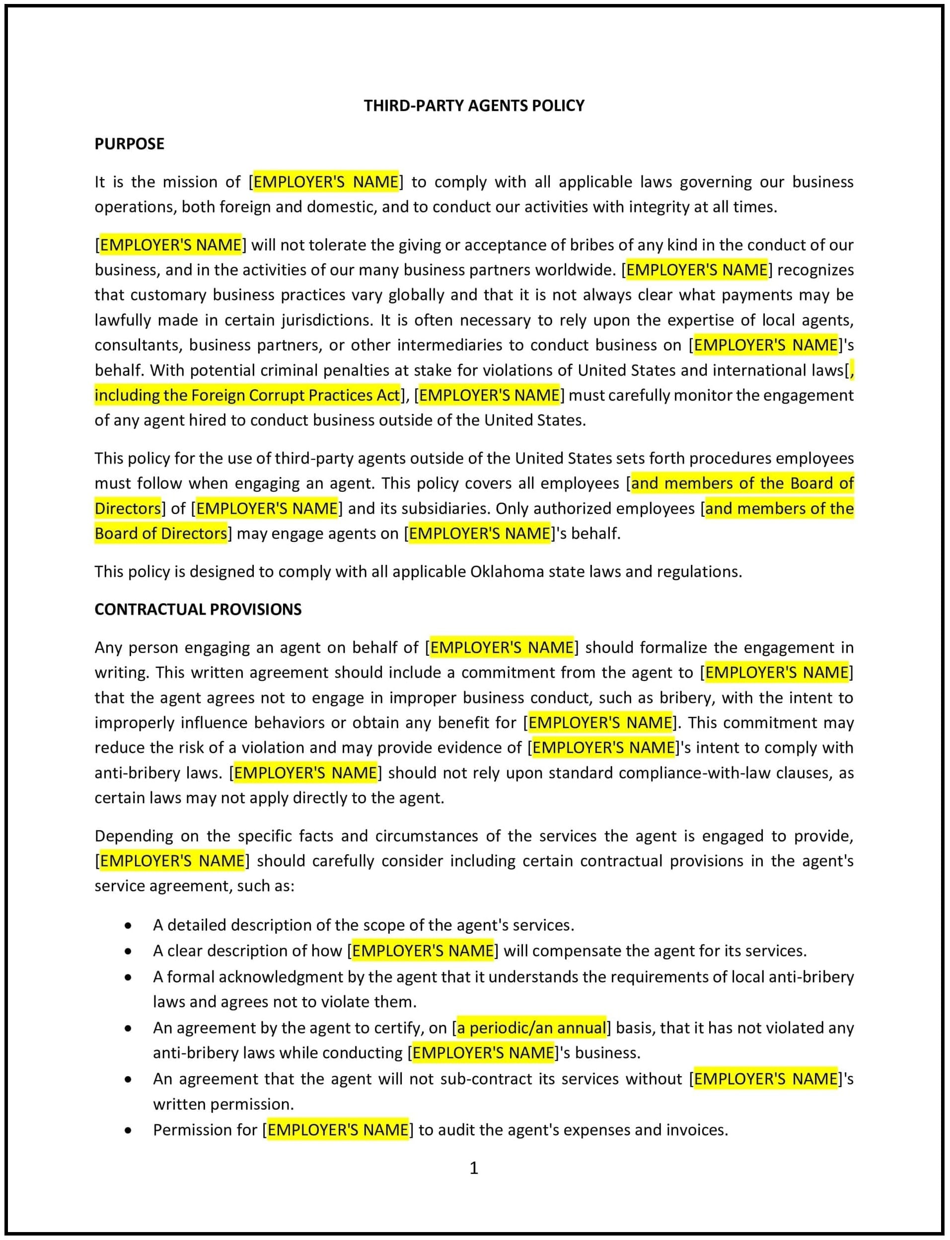 Third-party agents policy (Oklahoma): Free template