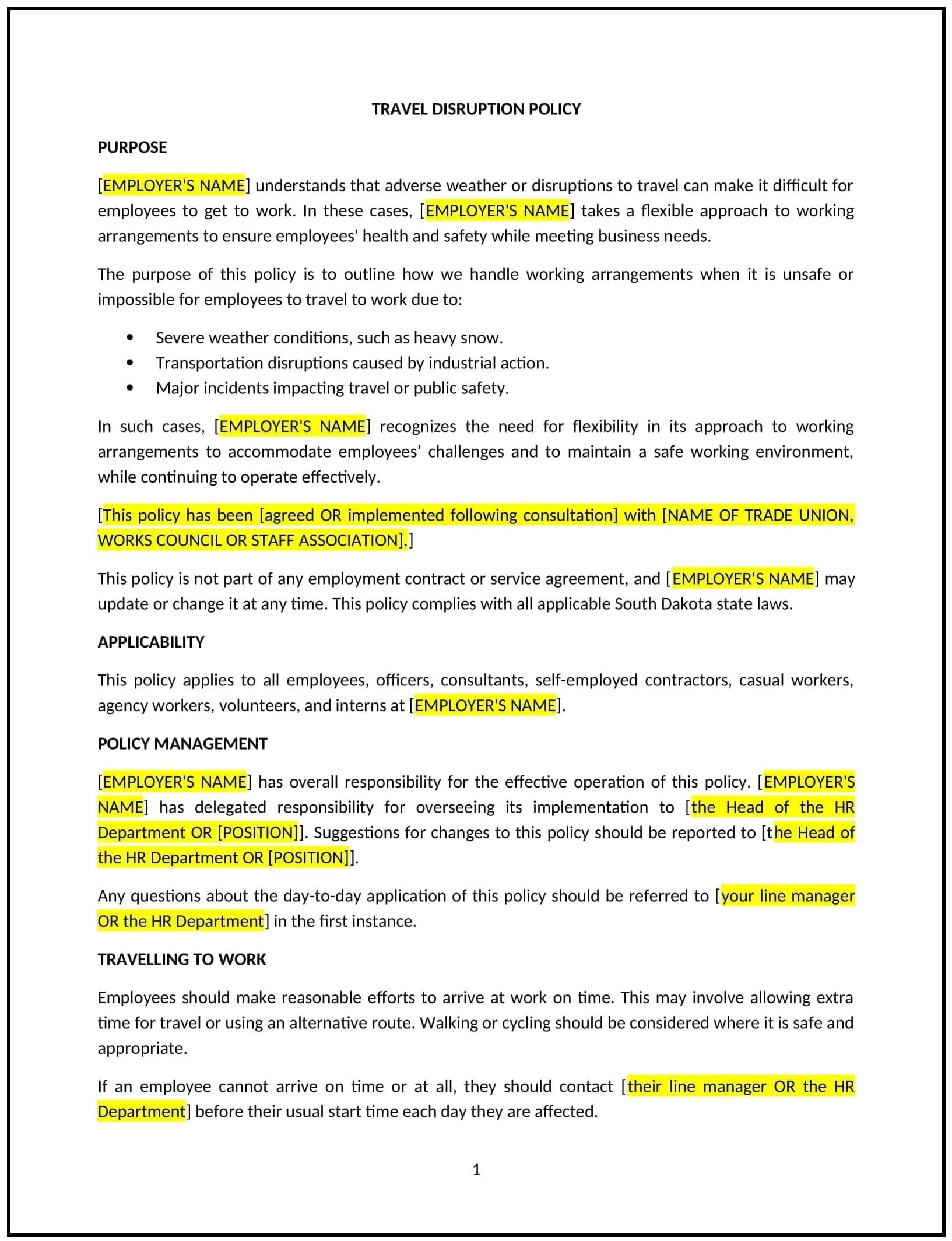 Travel disruption policy (South Dakota): Free template