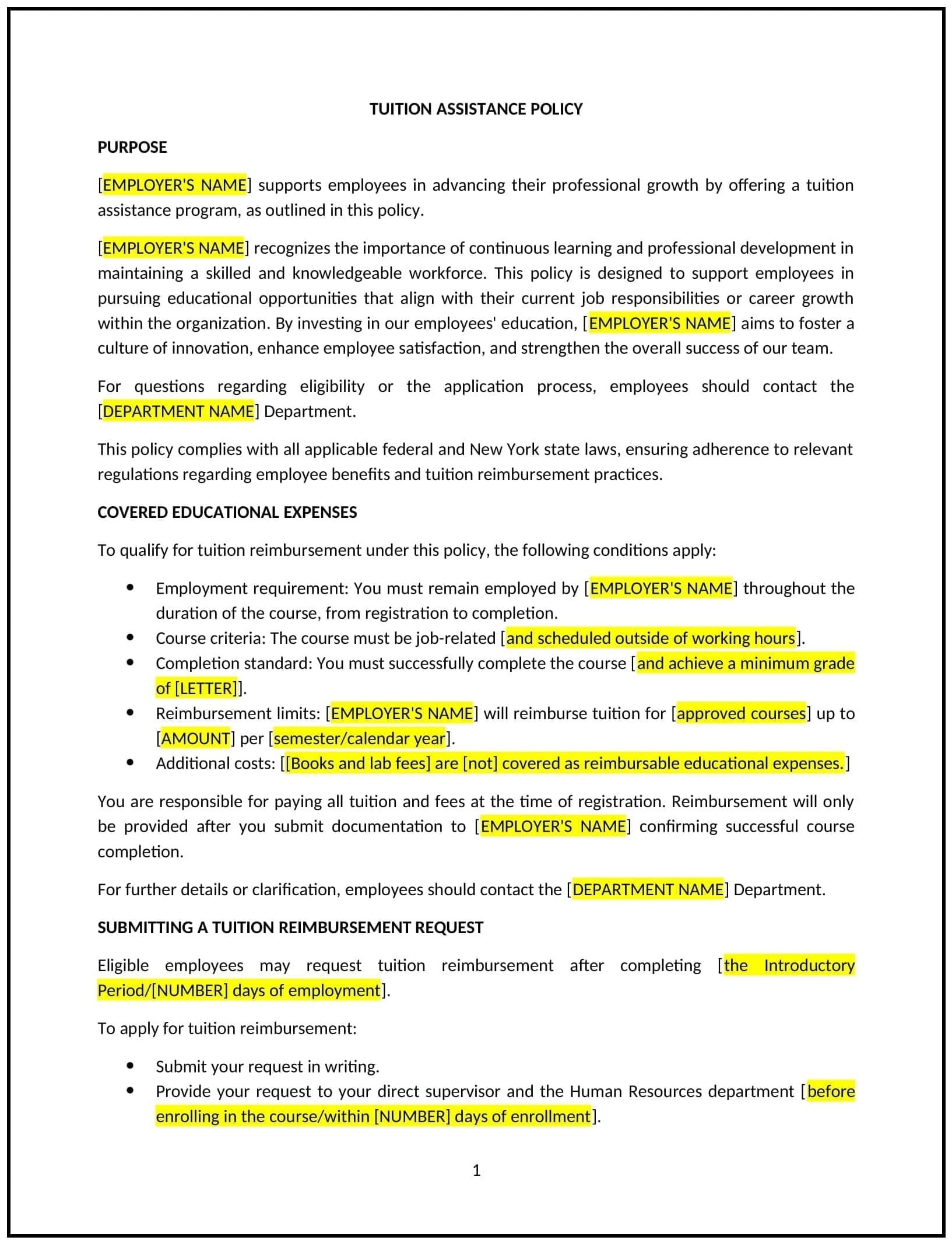 Tuition assistance policy (New York): Free template