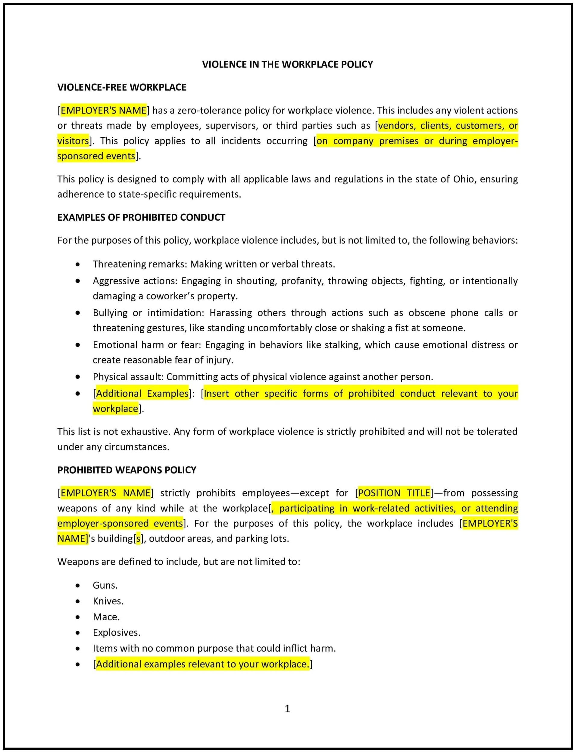 Violence in the workplace policy (Ohio): Free template