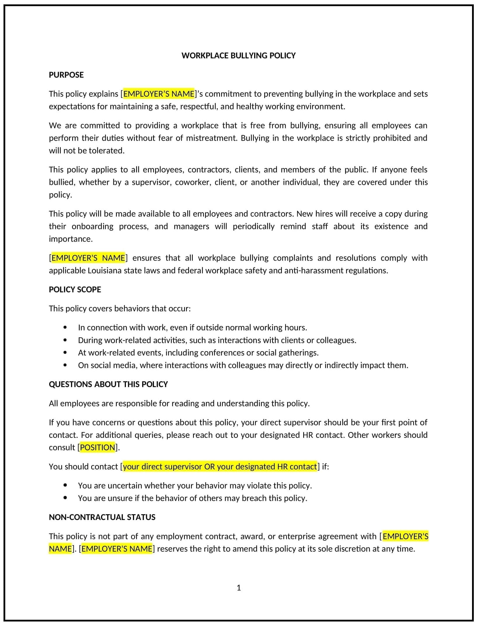 Workplace bullying policy (Louisiana): Free template