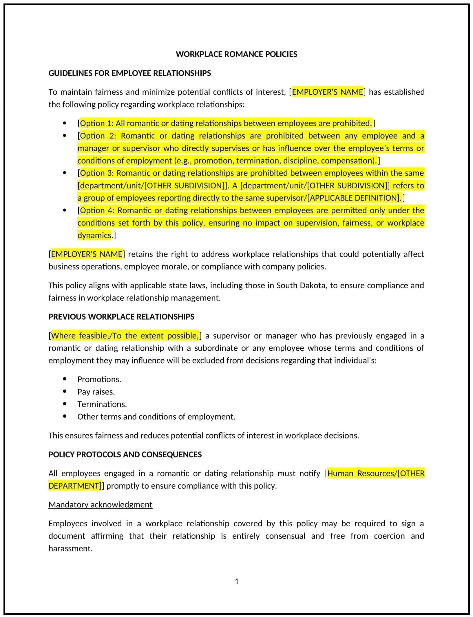 Workplace romance policy (South Dakota): Free template