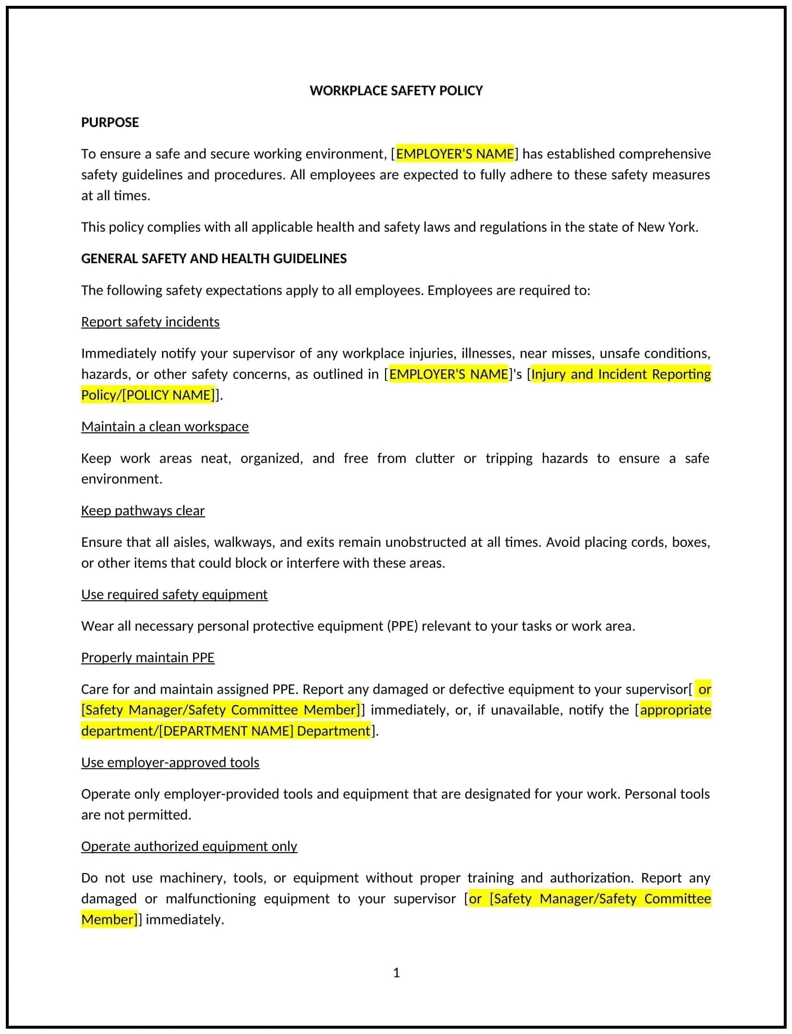 Workplace safety policy (New York): Free template