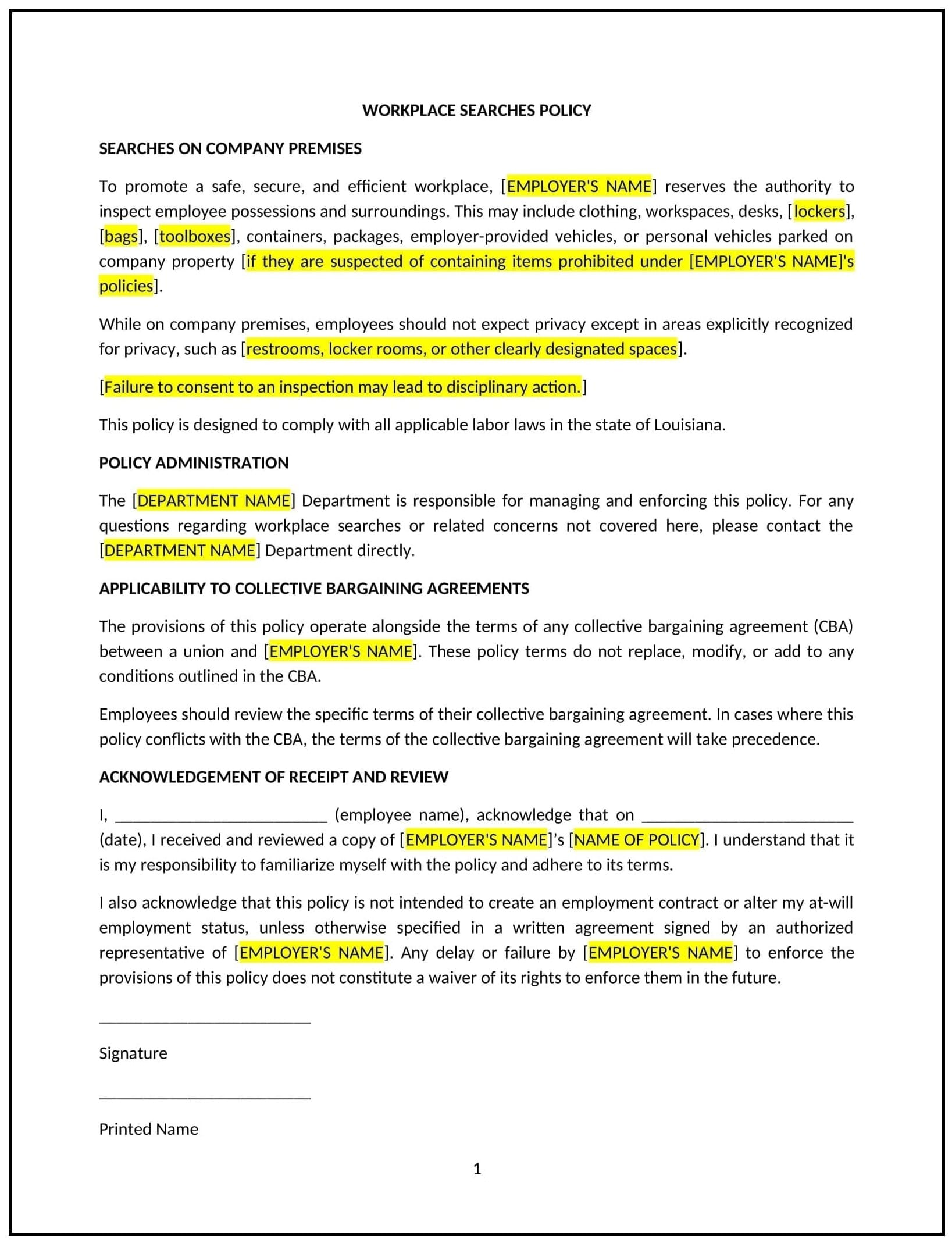 Workplace searches policy (Louisiana): Free template