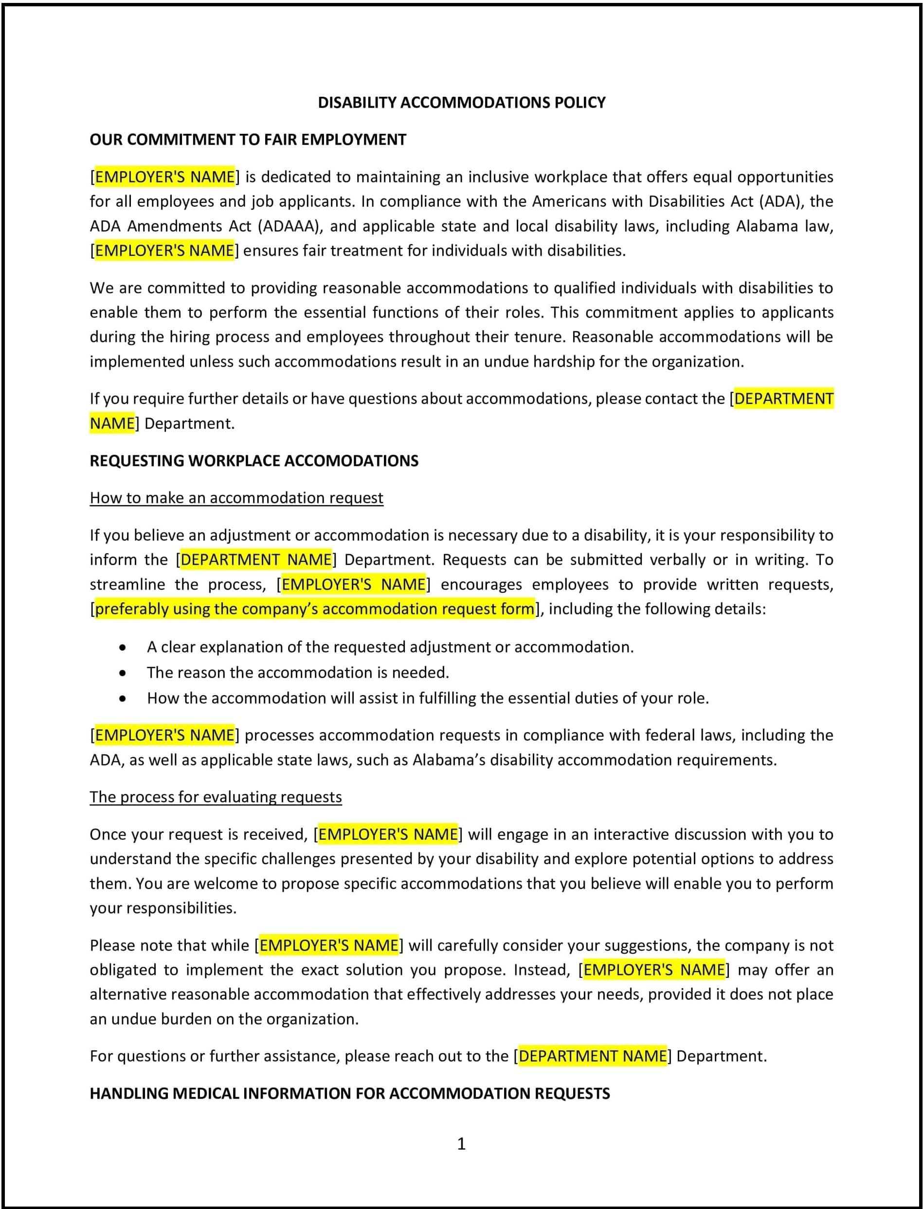 Disability accommodations policy (Alabama): Free template