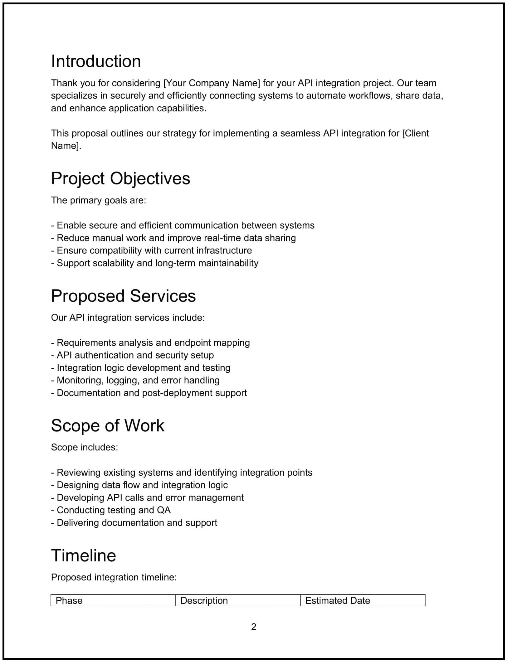 API integration proposal: Free template