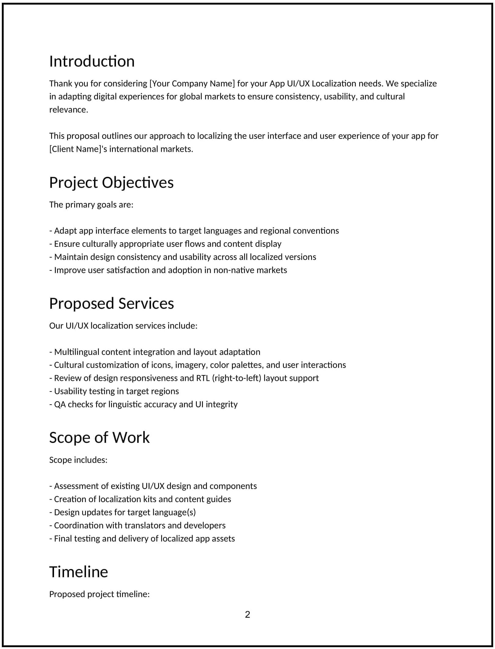 App UI/UX localization proposal: Free template