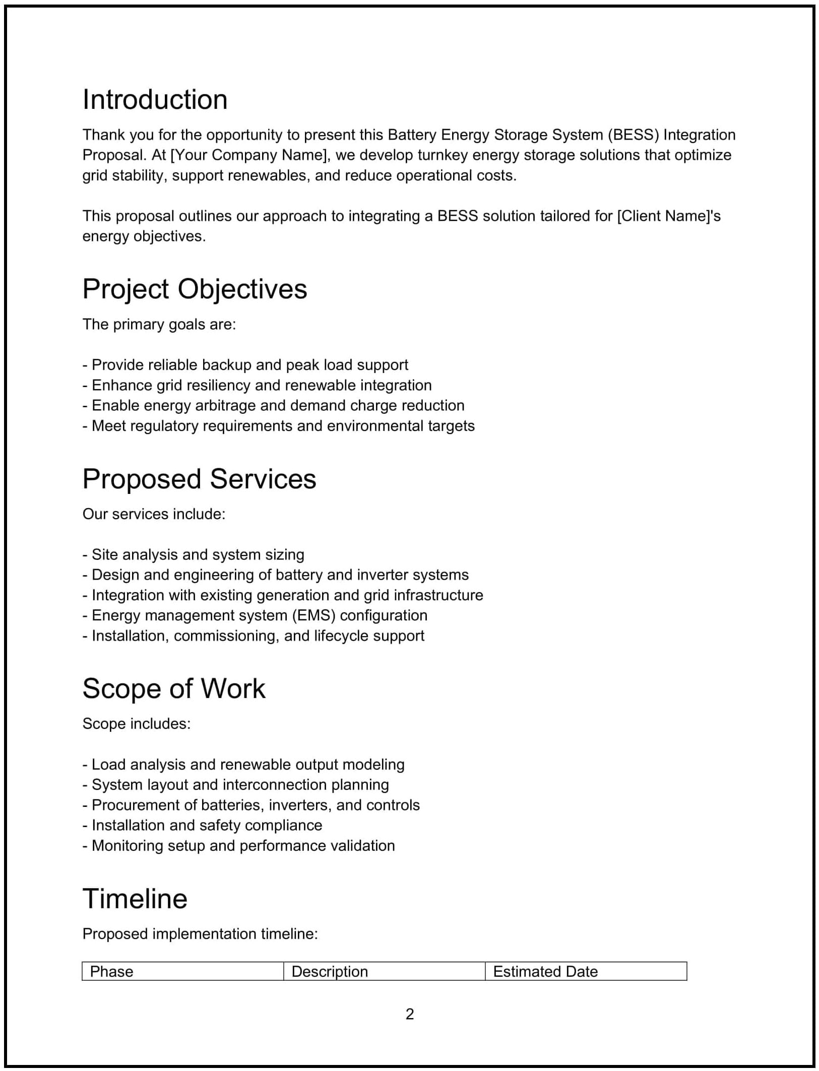 Battery energy storage system integration proposal: Free template