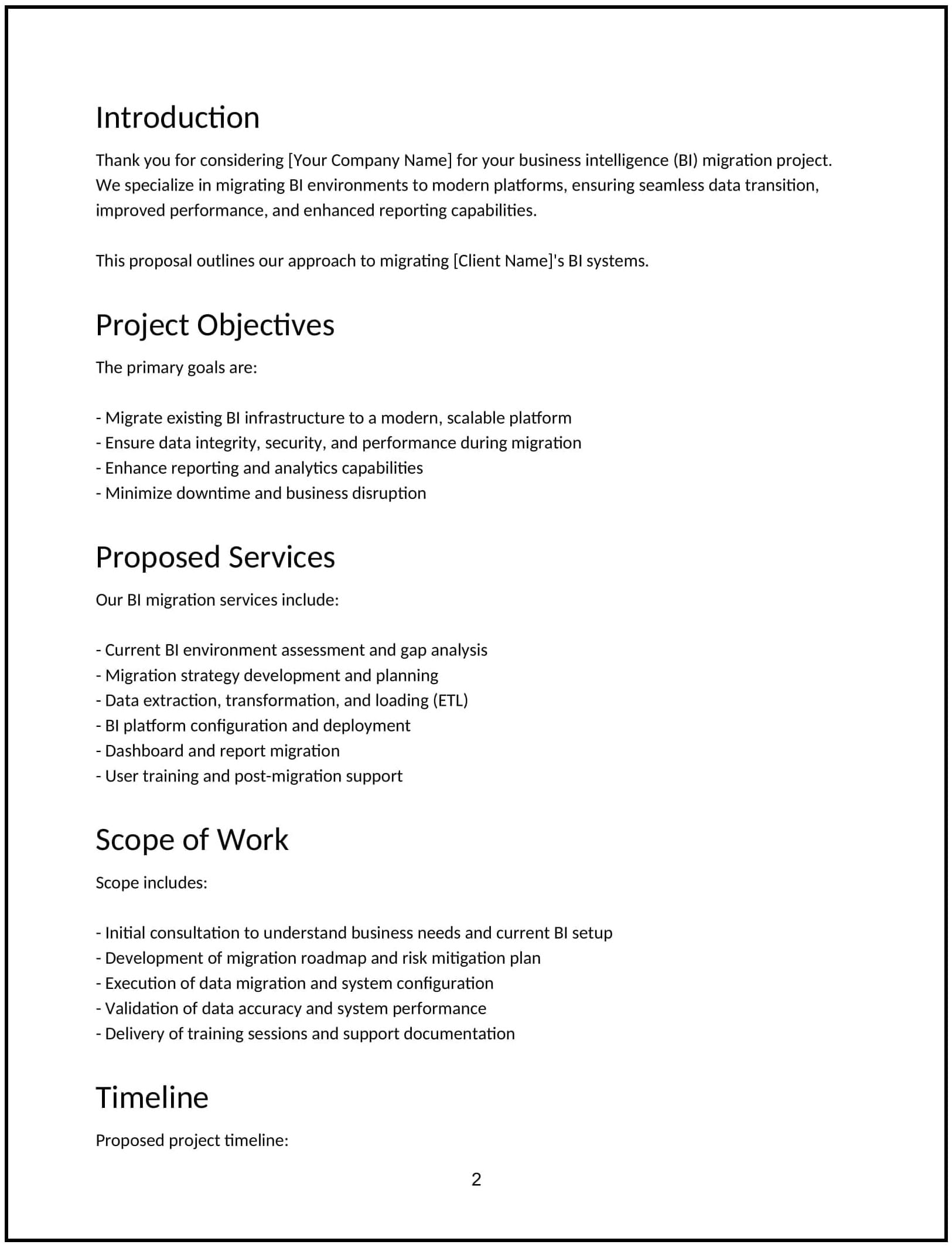 Business intelligence migration proposal: Free template