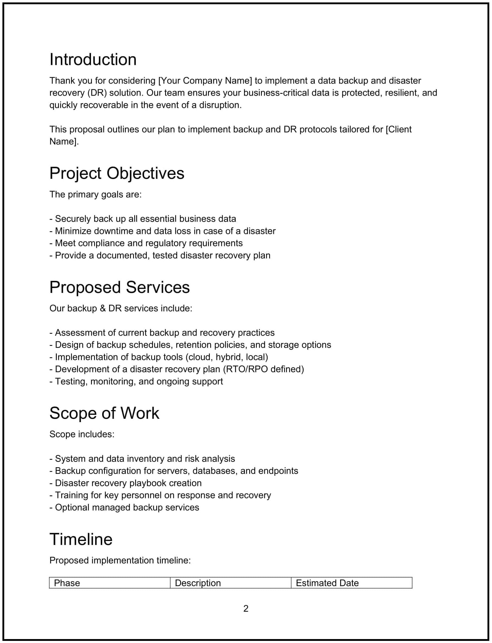 Data-backup & disaster-recovery proposal: Free template