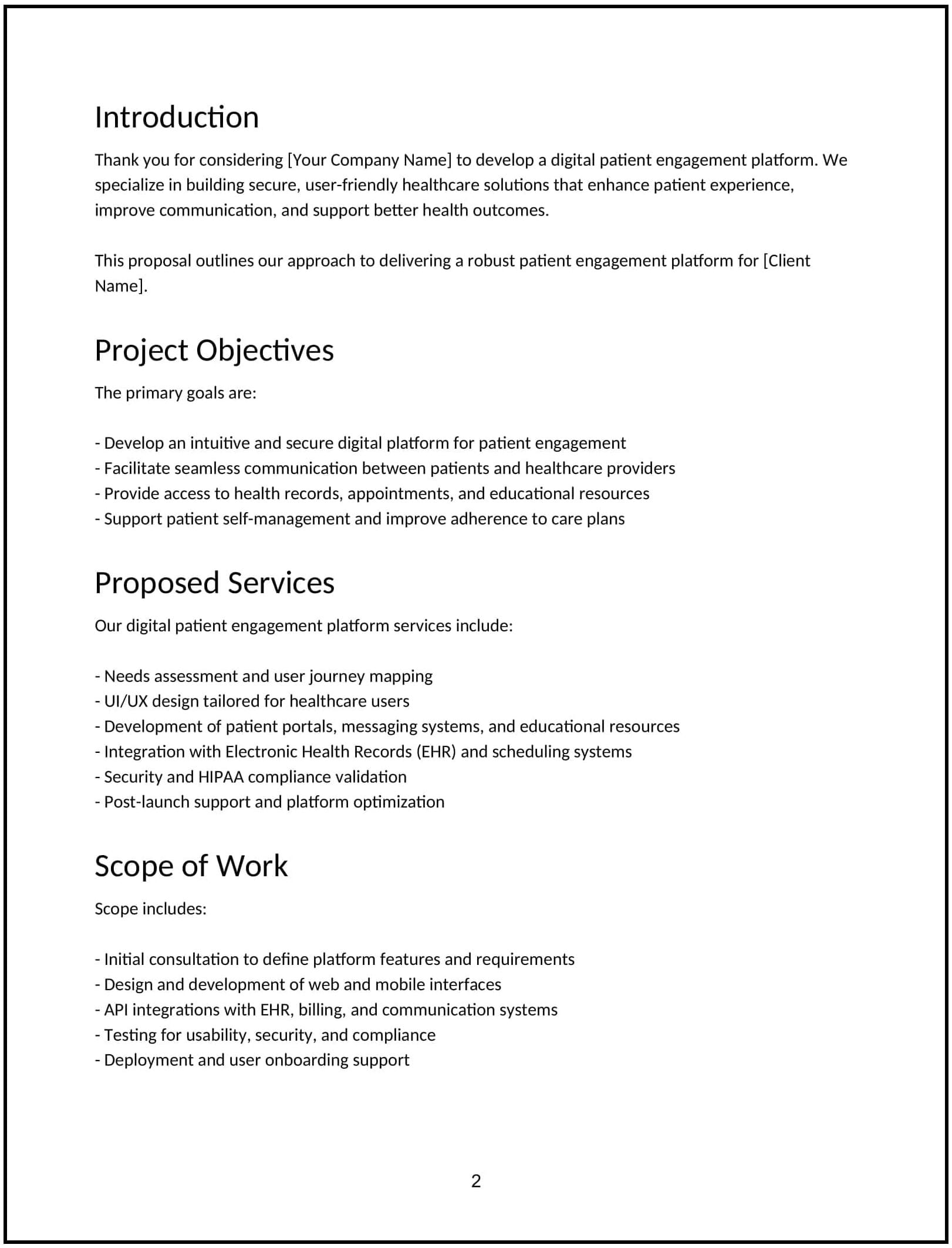 Digital patient engagement platform proposal: Free template