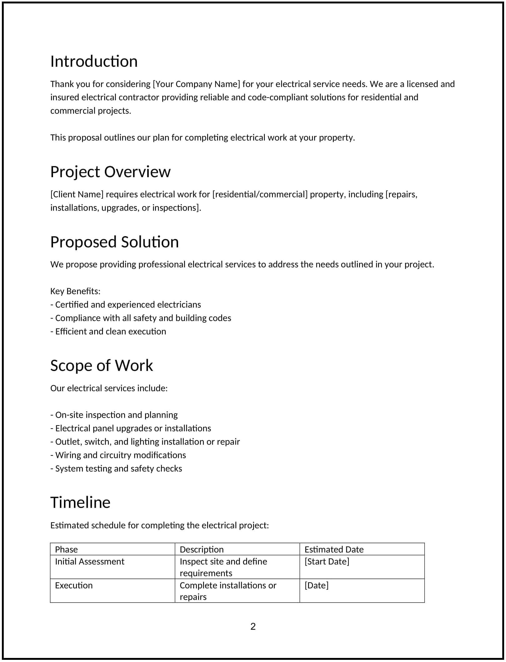 Electrical work proposal: Free template