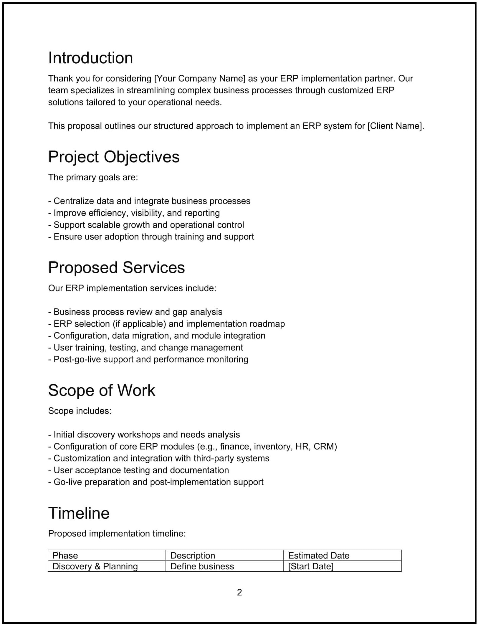ERP implementation proposal: Free template