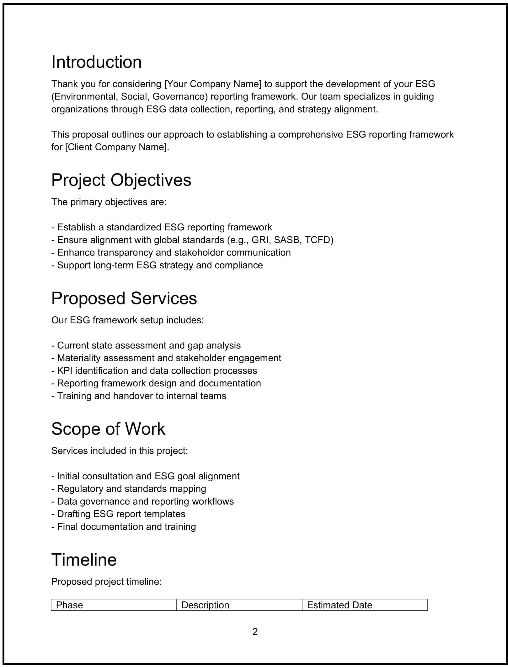 ESG reporting framework setup proposal: Free template