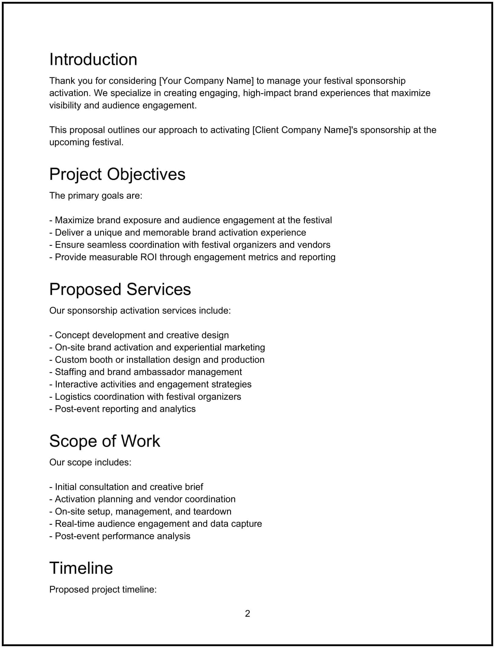 Festival sponsorship activation proposal: Free template